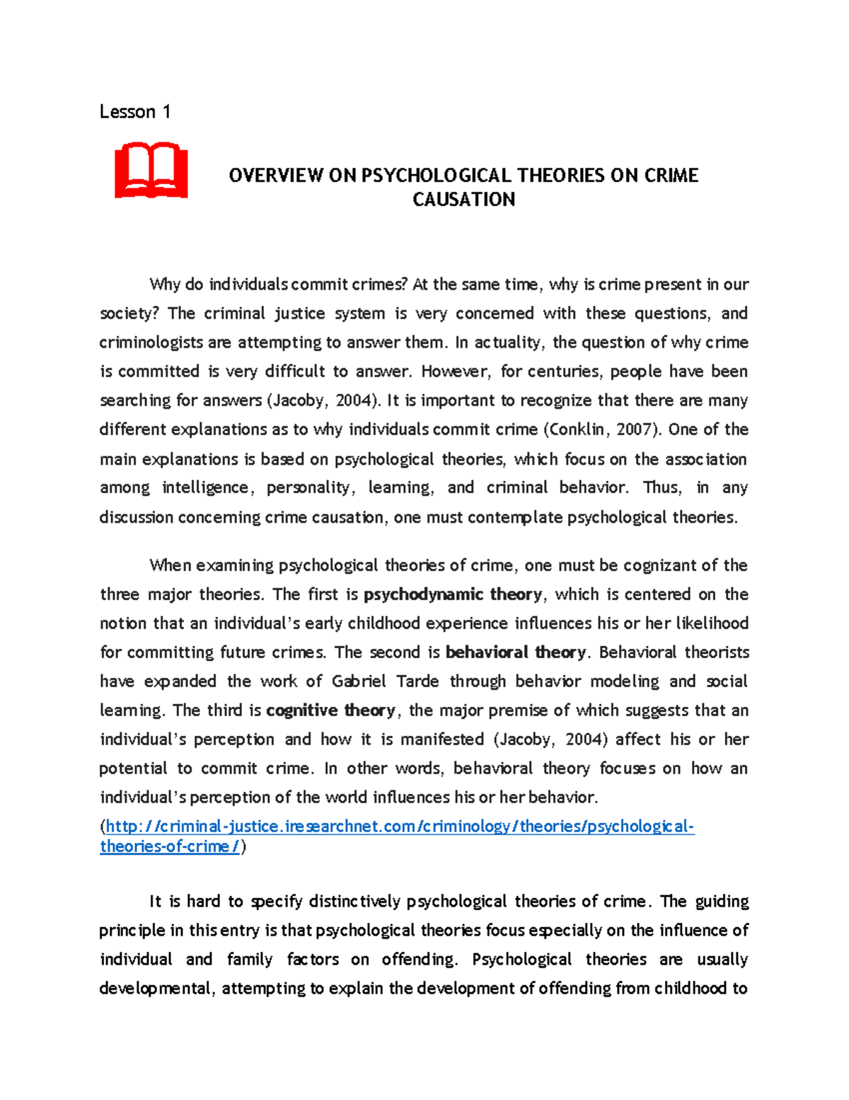 Overview on Psychological Theories on Crime Causation - Lesson 1 Why do ...