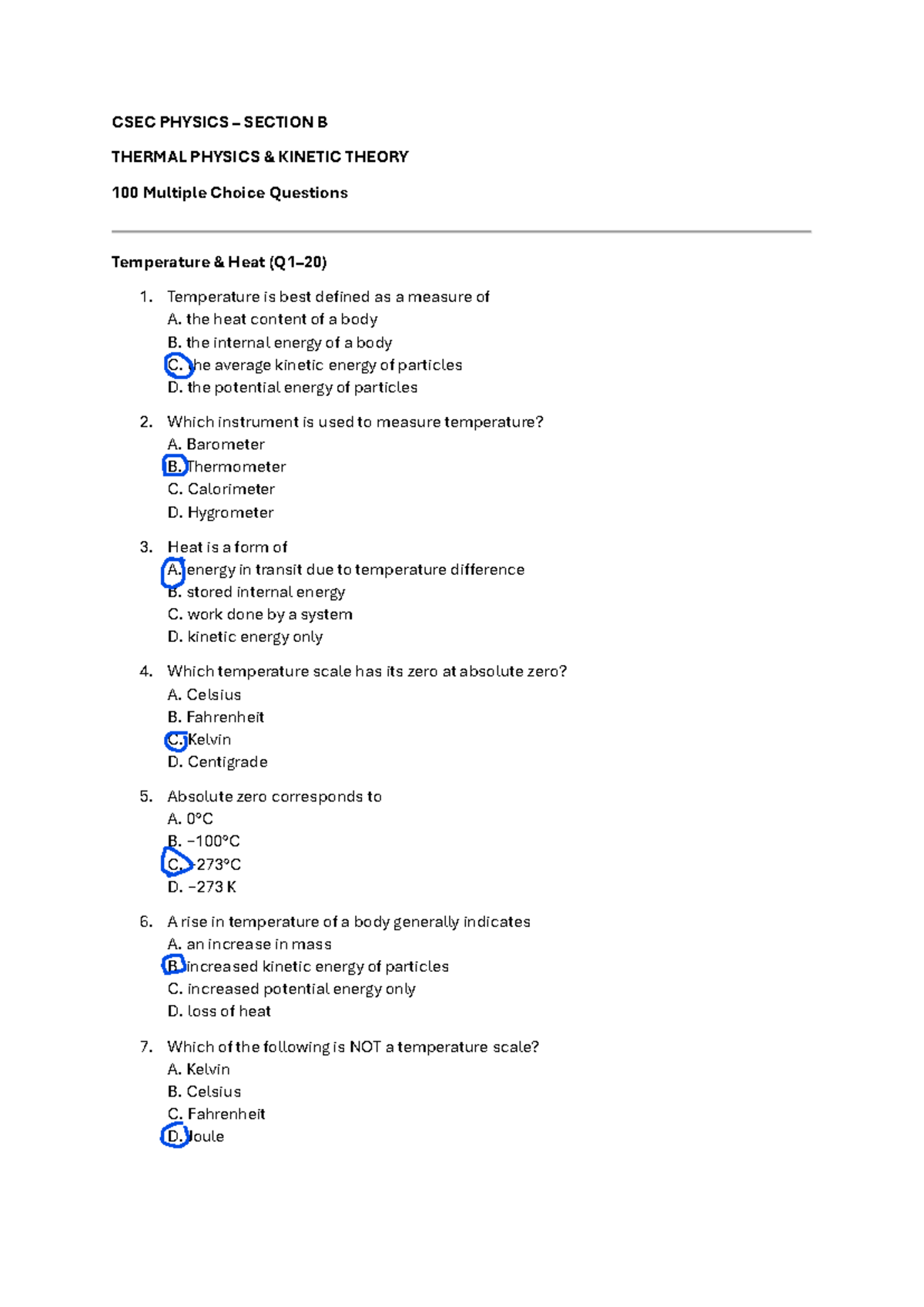 CXC CSEC Physics MCQ - Thermal Physics & Kinetic Theory - Studocu