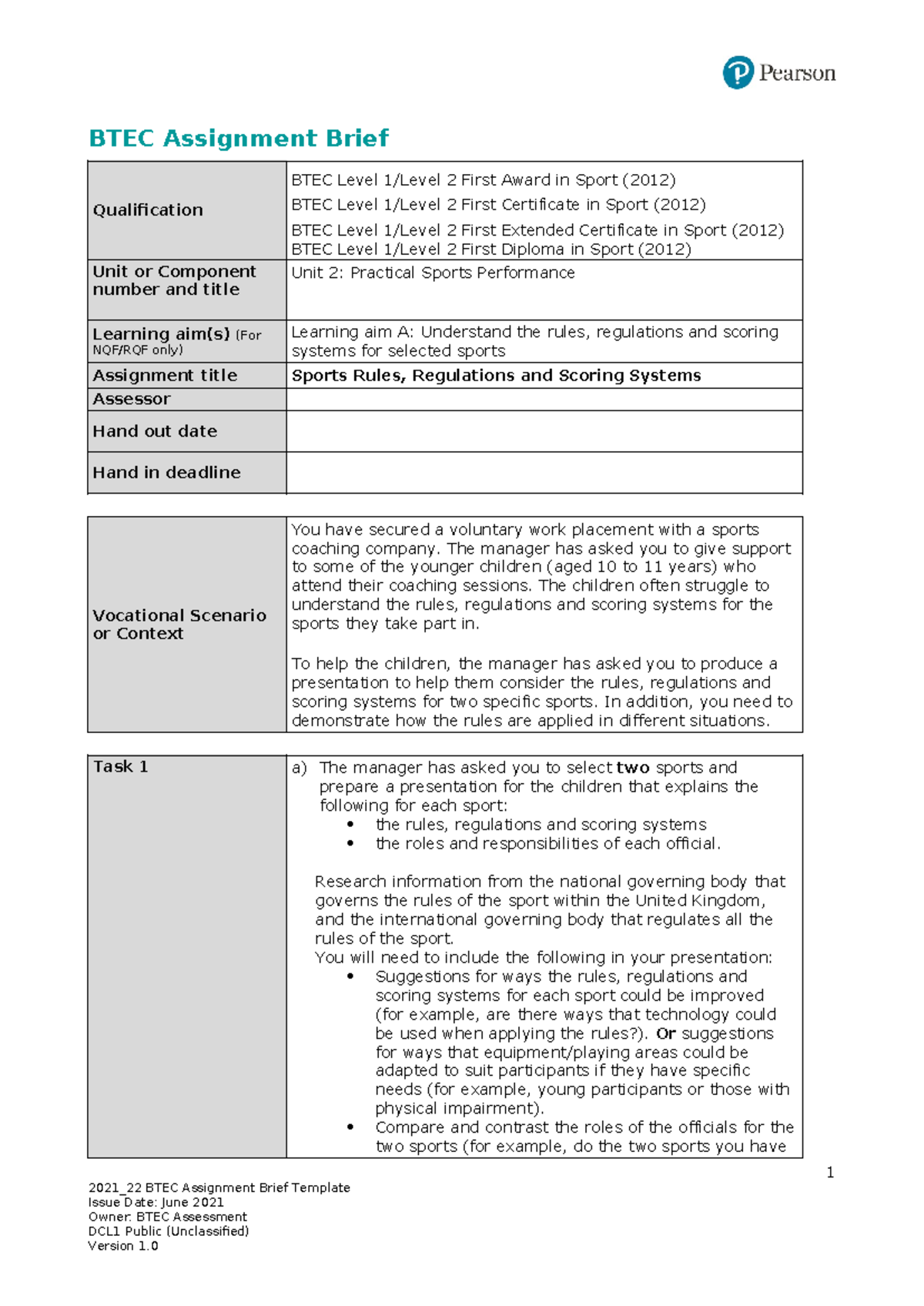 Unit 2: Practical Sports Performance Assignment Brief for BTEC Level 2 ...