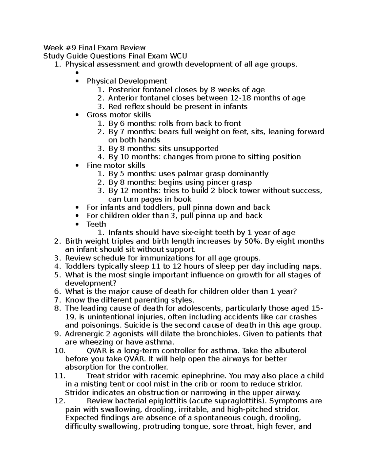 WCU Week #9 Final Exam Review: Pediatric Growth & Development Guide ...