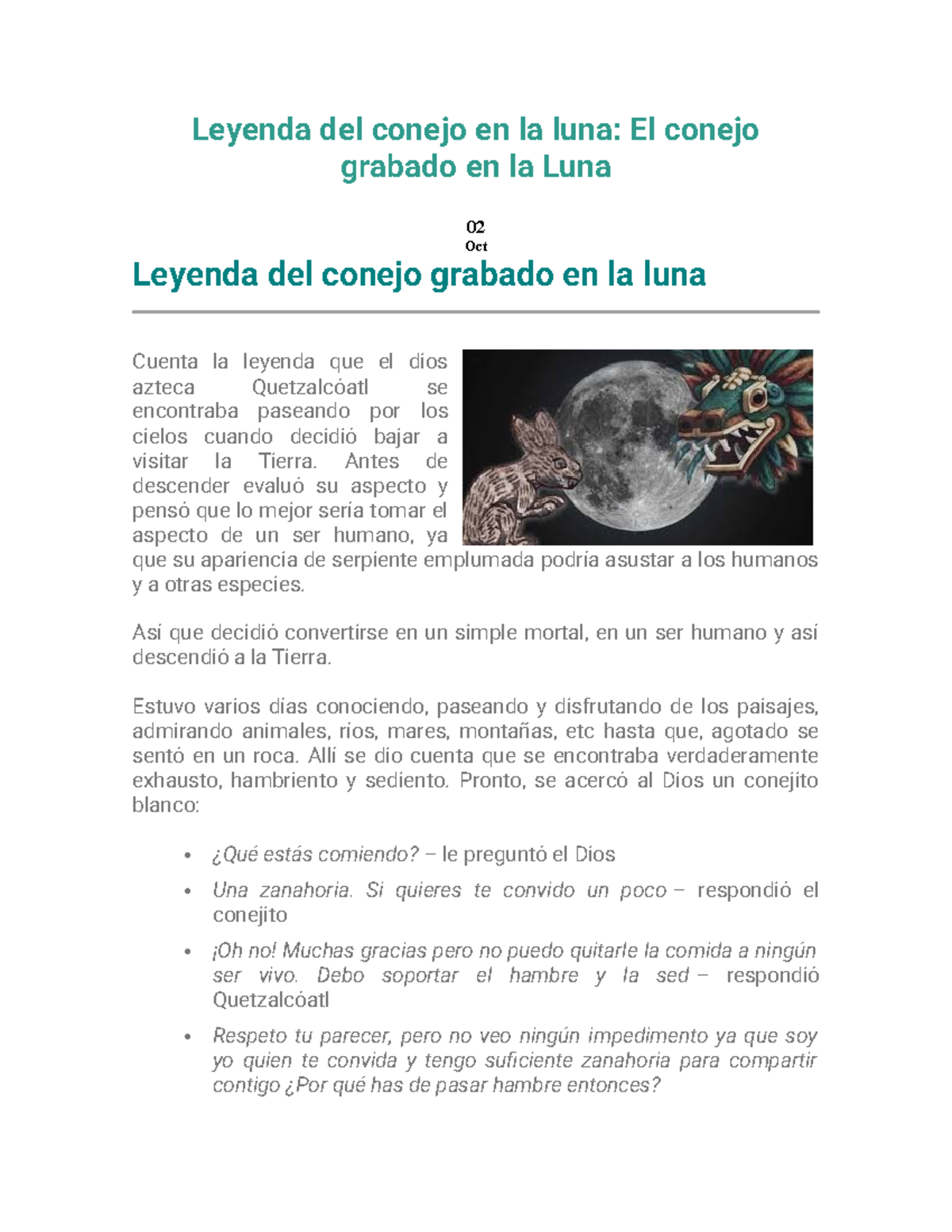 Leyenda del Conejo en la Luna: Quetzalcóatl y su Generosidad - Studocu