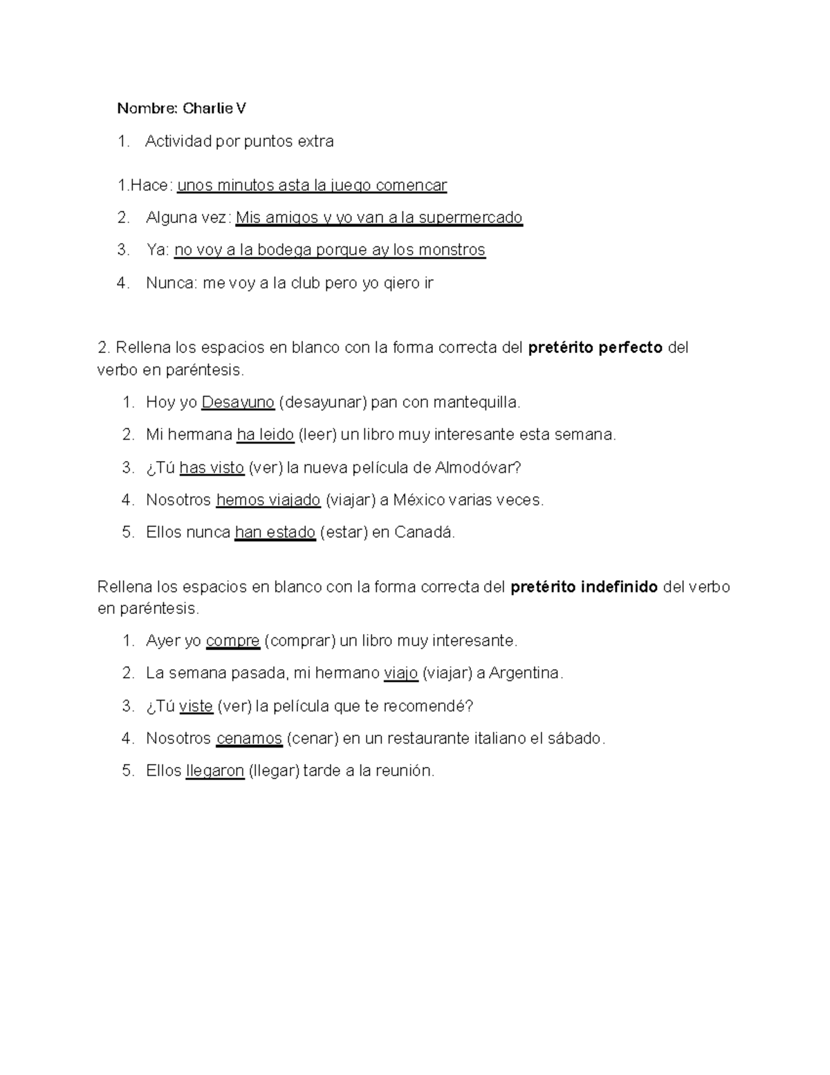Actividad por puntos extra - Ejercicios de verbos en español - Studocu