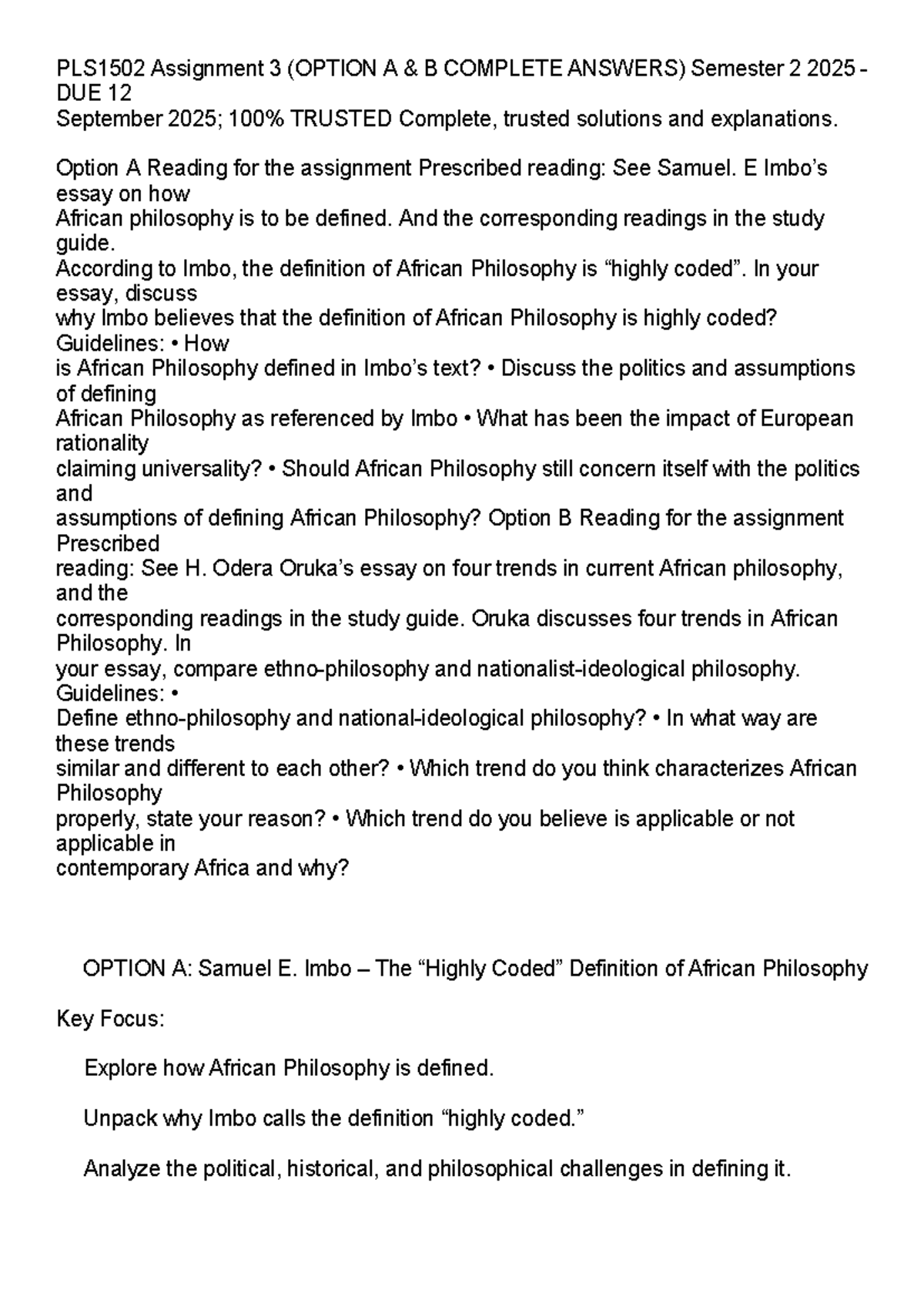 PLS1502 Sem2 Assignment 3: African Philosophy Insights & Analysis - Studocu