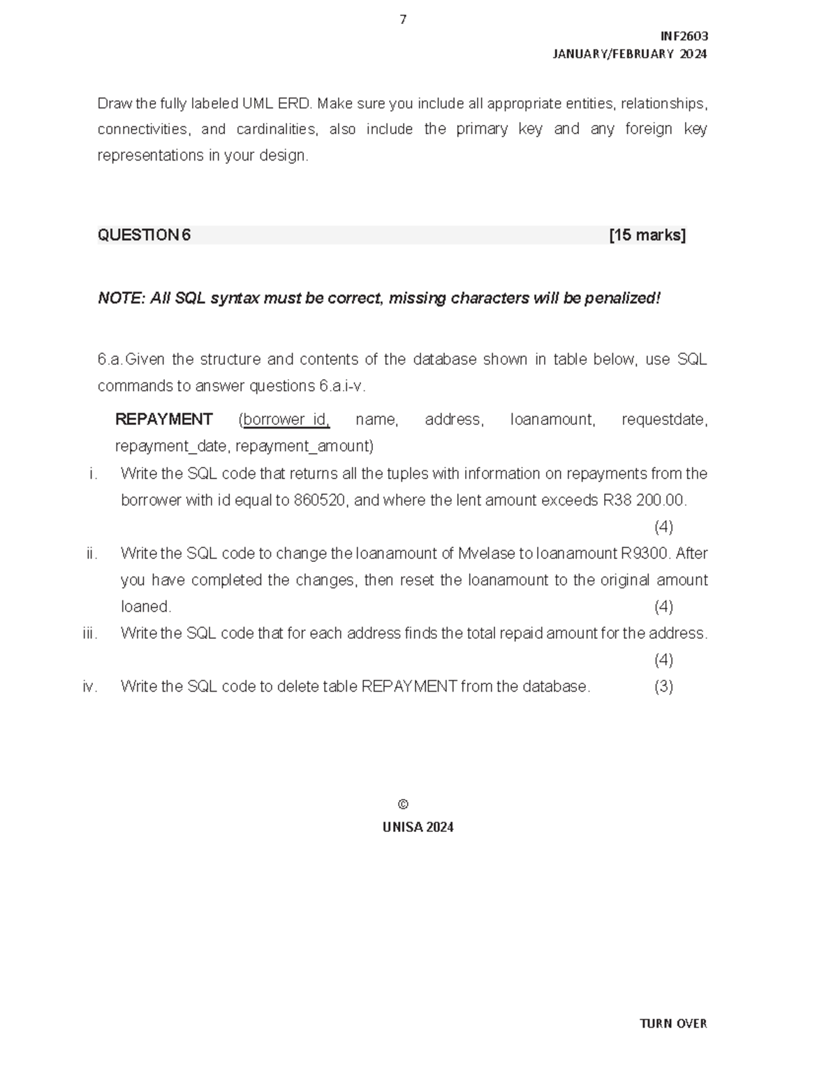 INF2603 Jan Feb 2024 Exam: UML ERD & SQL Commands Guide - Studocu