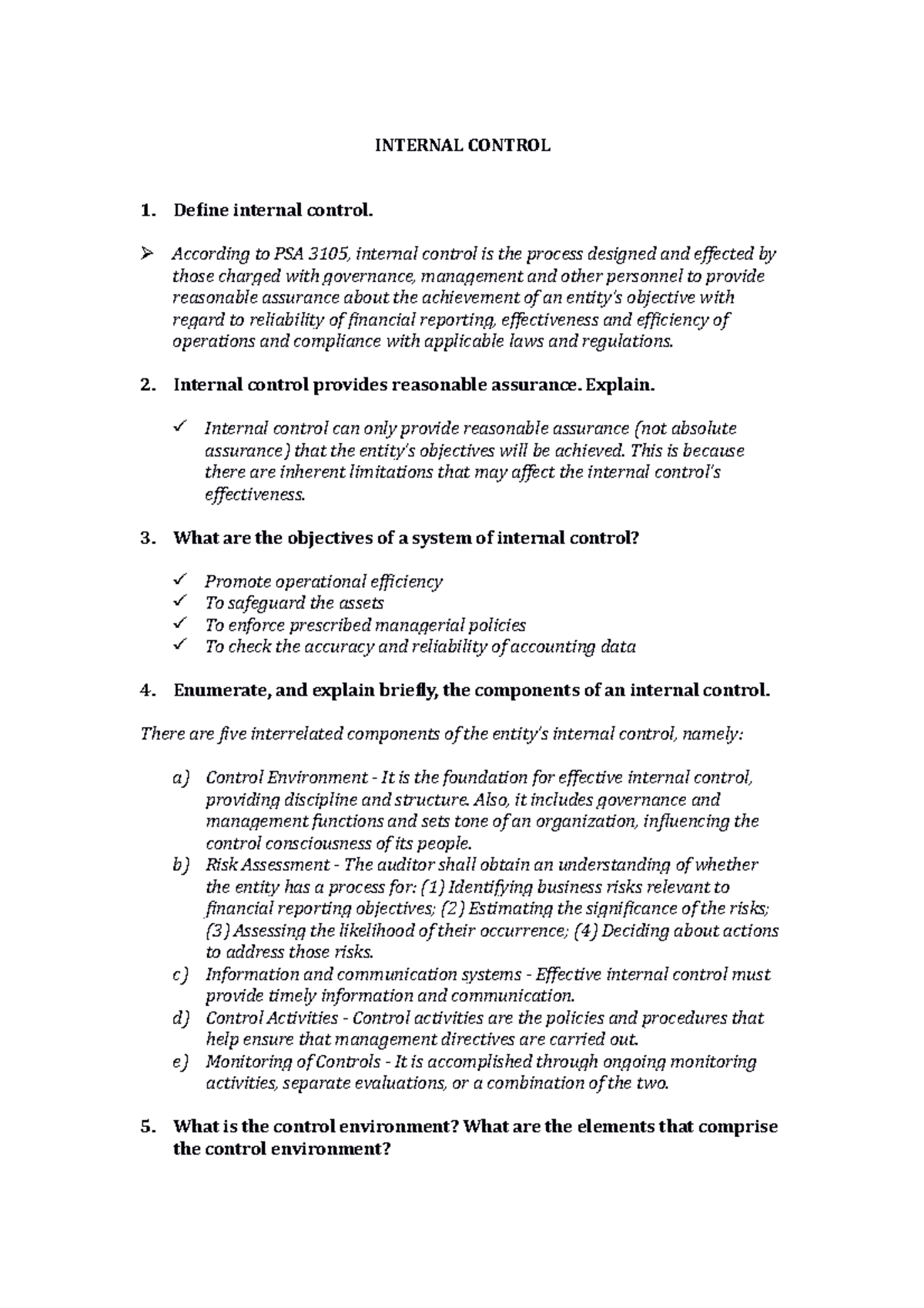 Internal Control Overview and Key Components Analysis - Studocu