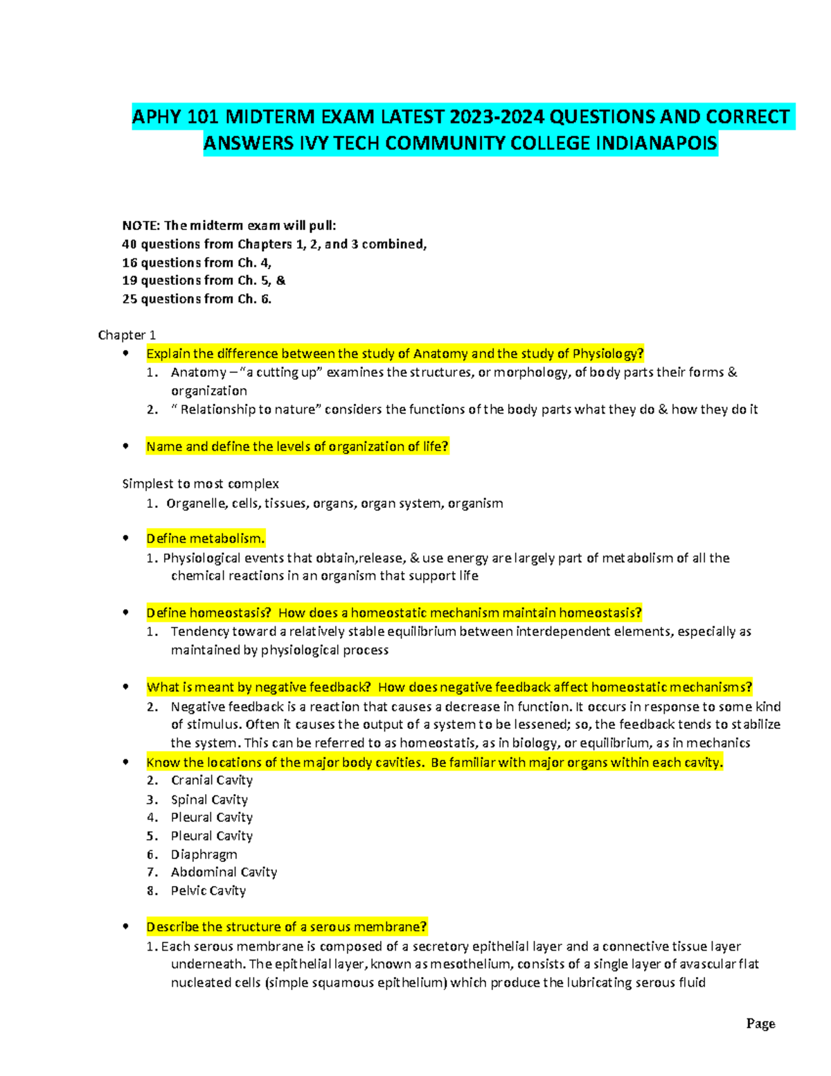 APHY 101 Midterm Study Guide - Key Concepts and Exam Questions 2023-2024 - Studocu