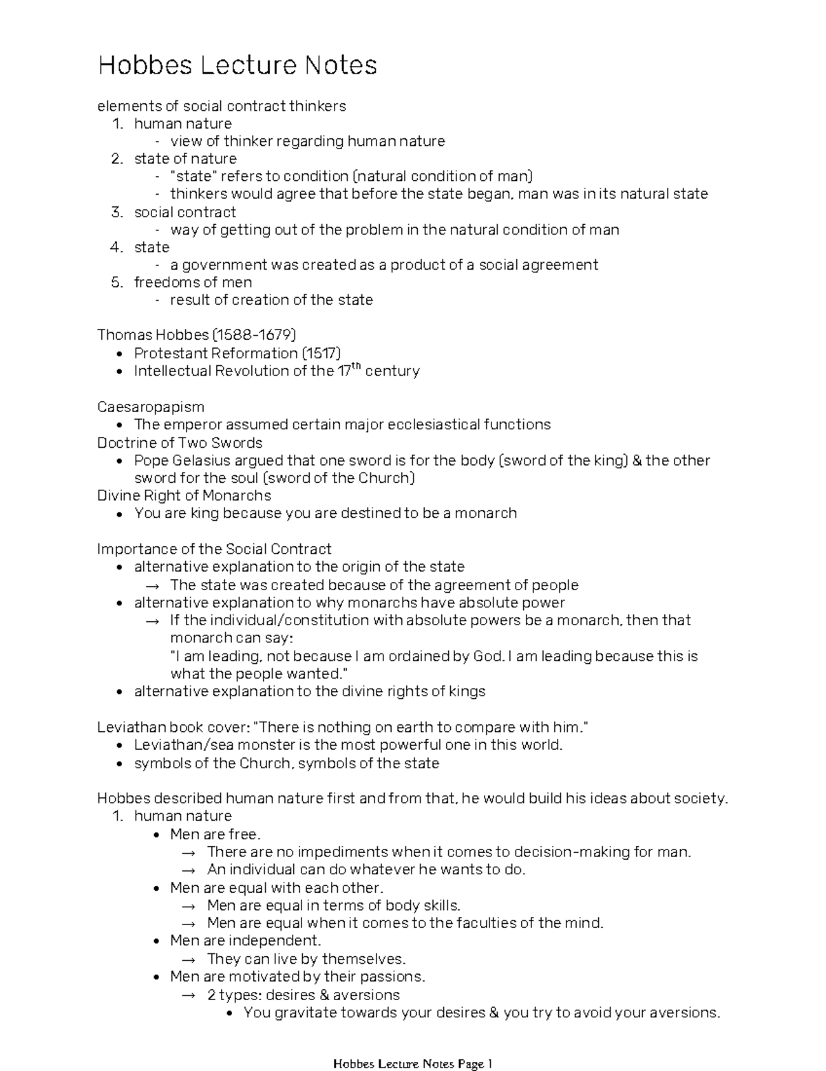 [Social Sciences] Thomas Hobbes Notes - elements of social contract ...