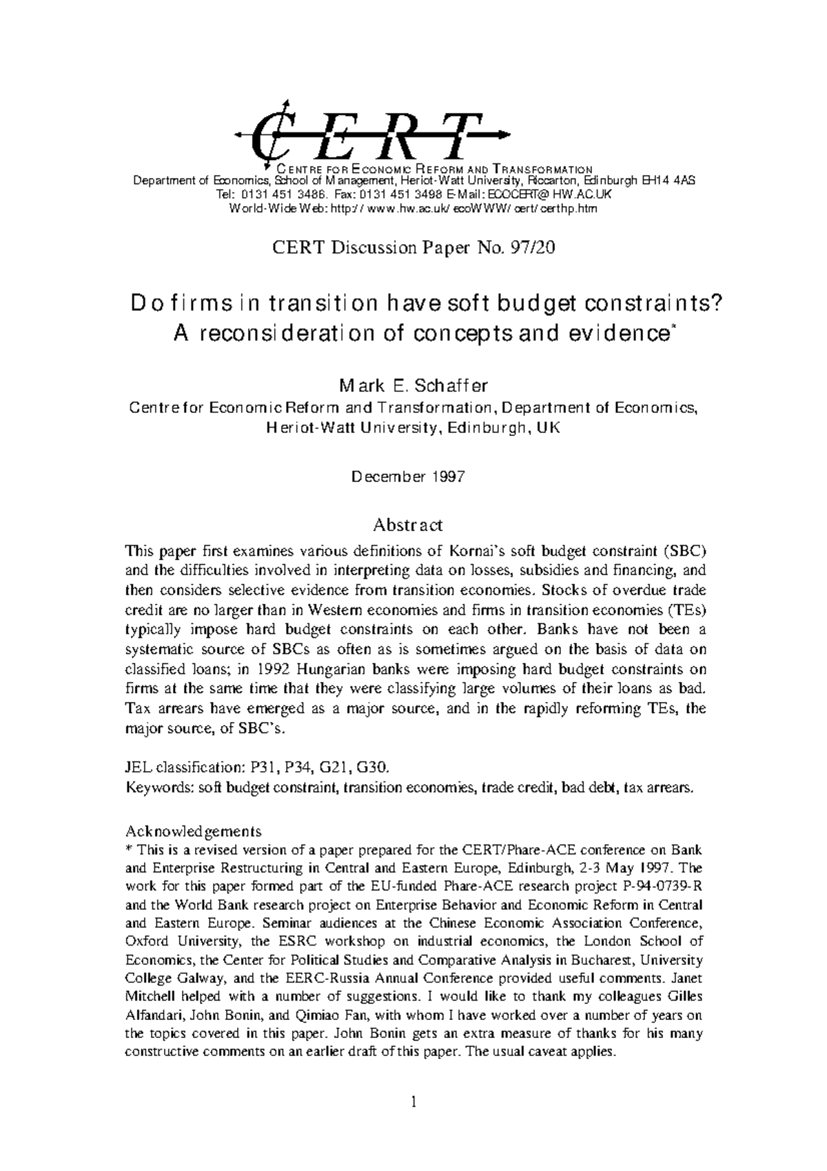 CERT Discussion Paper: Reassessing Soft Budget Constraints in ...