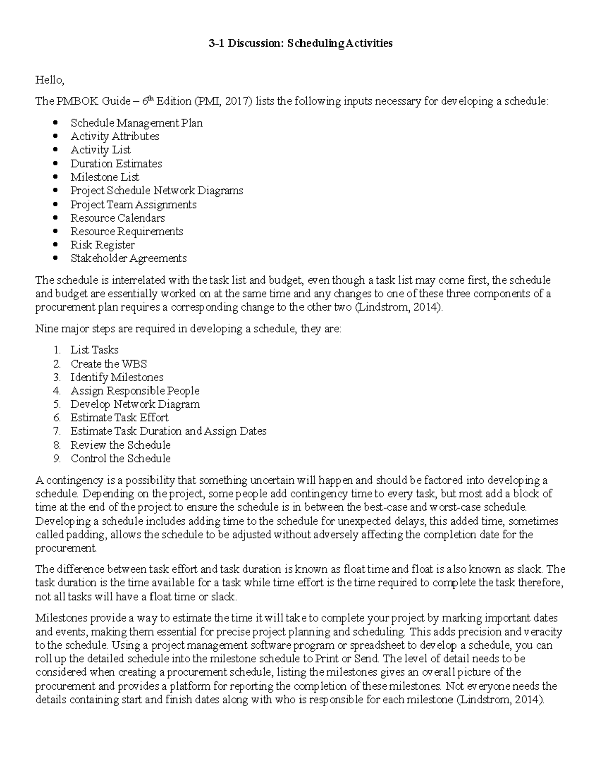 QSO349 3-1 Discussion - 3-1 Discussion: Scheduling Activities Hello ...