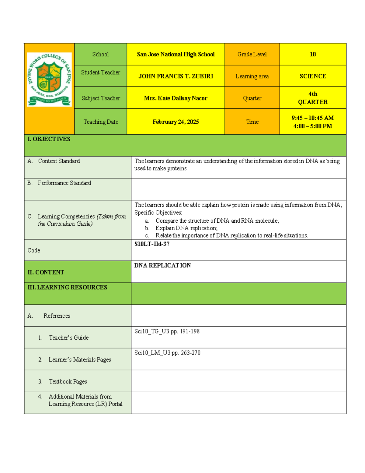 DNA Replication Lesson Plan for Sci10 - 4th Quarter - Studocu