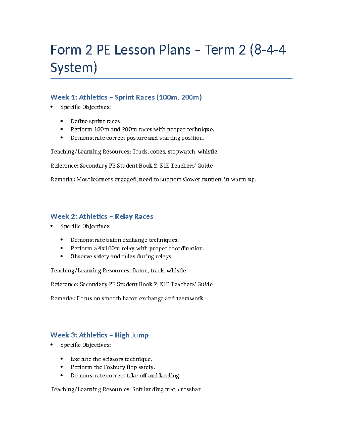 Form 2 PE Lesson Plans Term 2: Athletics, Football & Basketball Skills ...