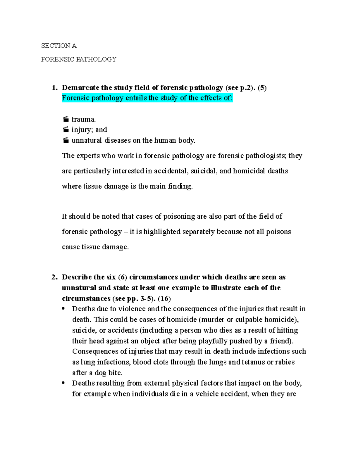 KRM Forensic Pathology Exam Demarcation Notes - Section A - Studocu
