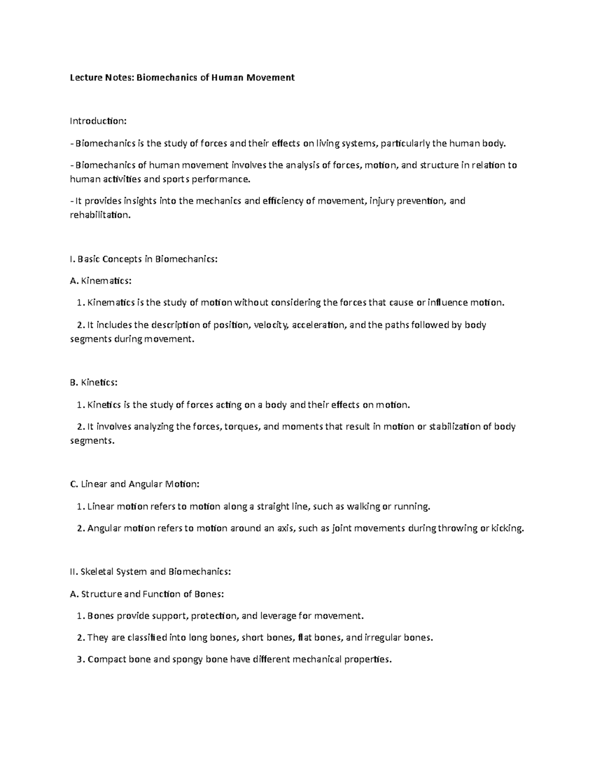 Lecture Notes: BIOM 101 - Biomechanics of Human Movement - Studocu