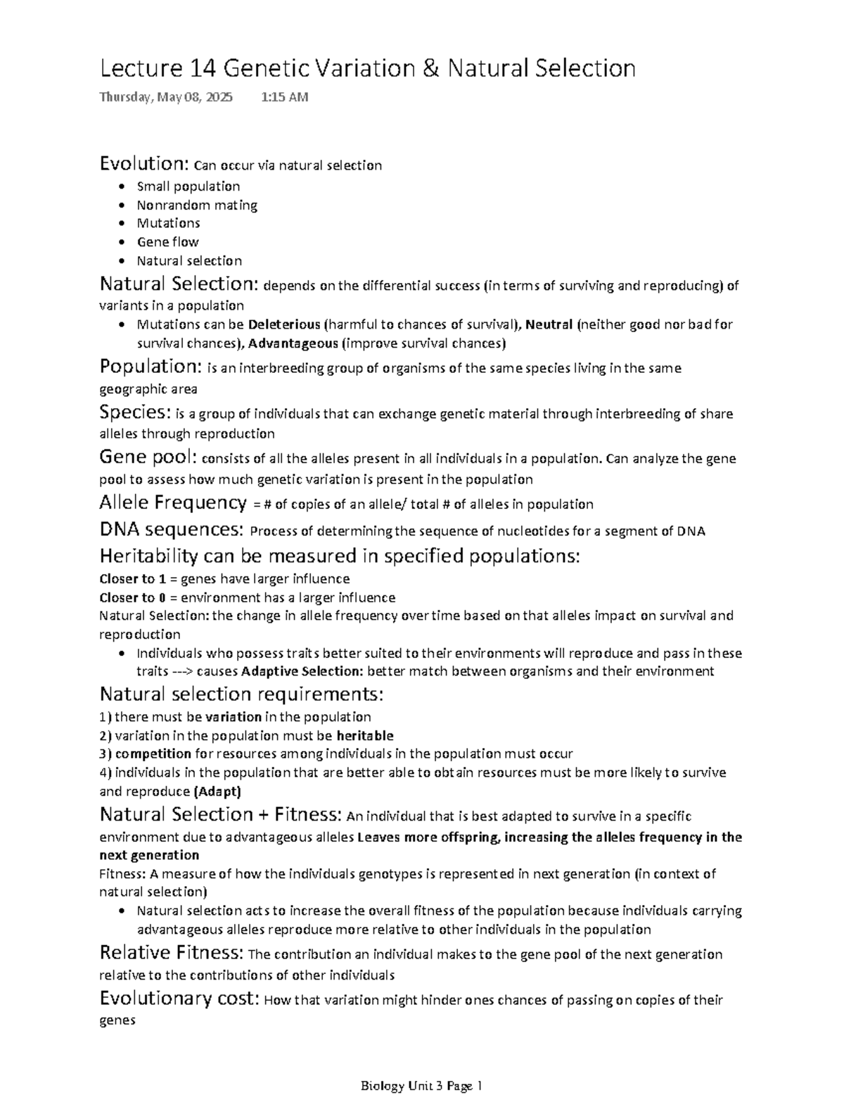 Lecture 14: Genetic Variation & Natural Selection in Biology Unit 3 ...