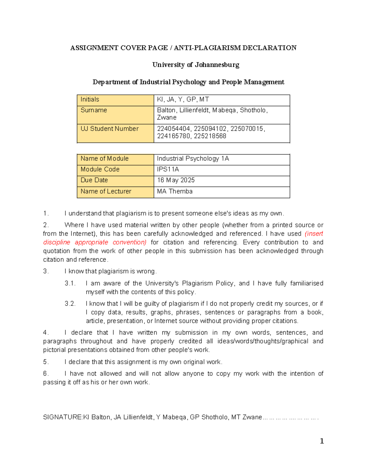 IPS11A Industrial Psychology Assignment Cover Page & Declaration - Studocu