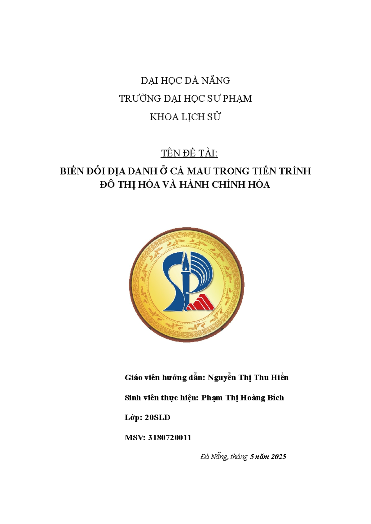 Đề Tài: Biến Đổi Địa Danh Ở Cà Mau Trong Tiến Trình Đô Thị Hóa (4545) - Studocu