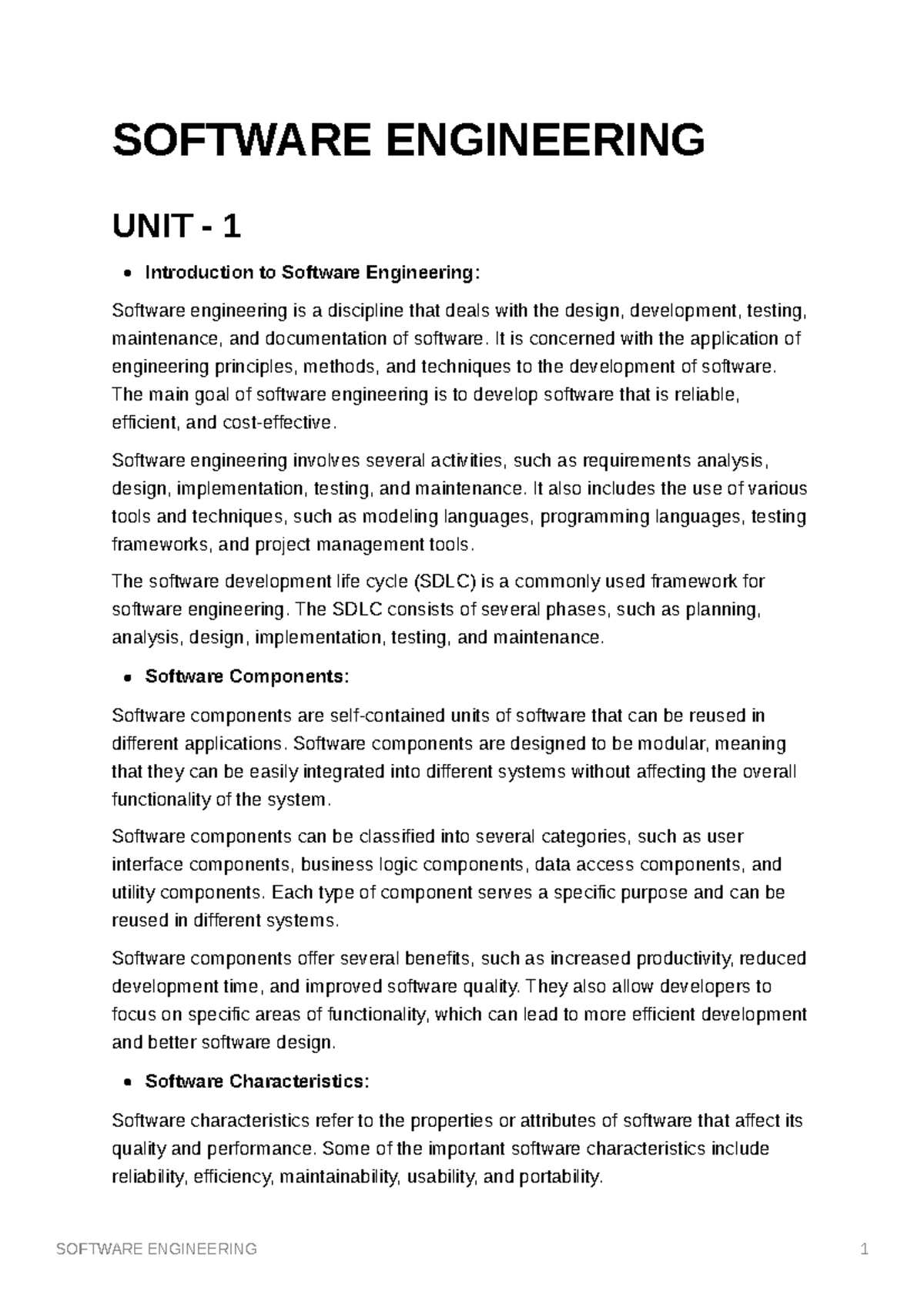 SOFTWARE ENGINEERING UNIT 1: Intro to Software Engineering Concepts ...
