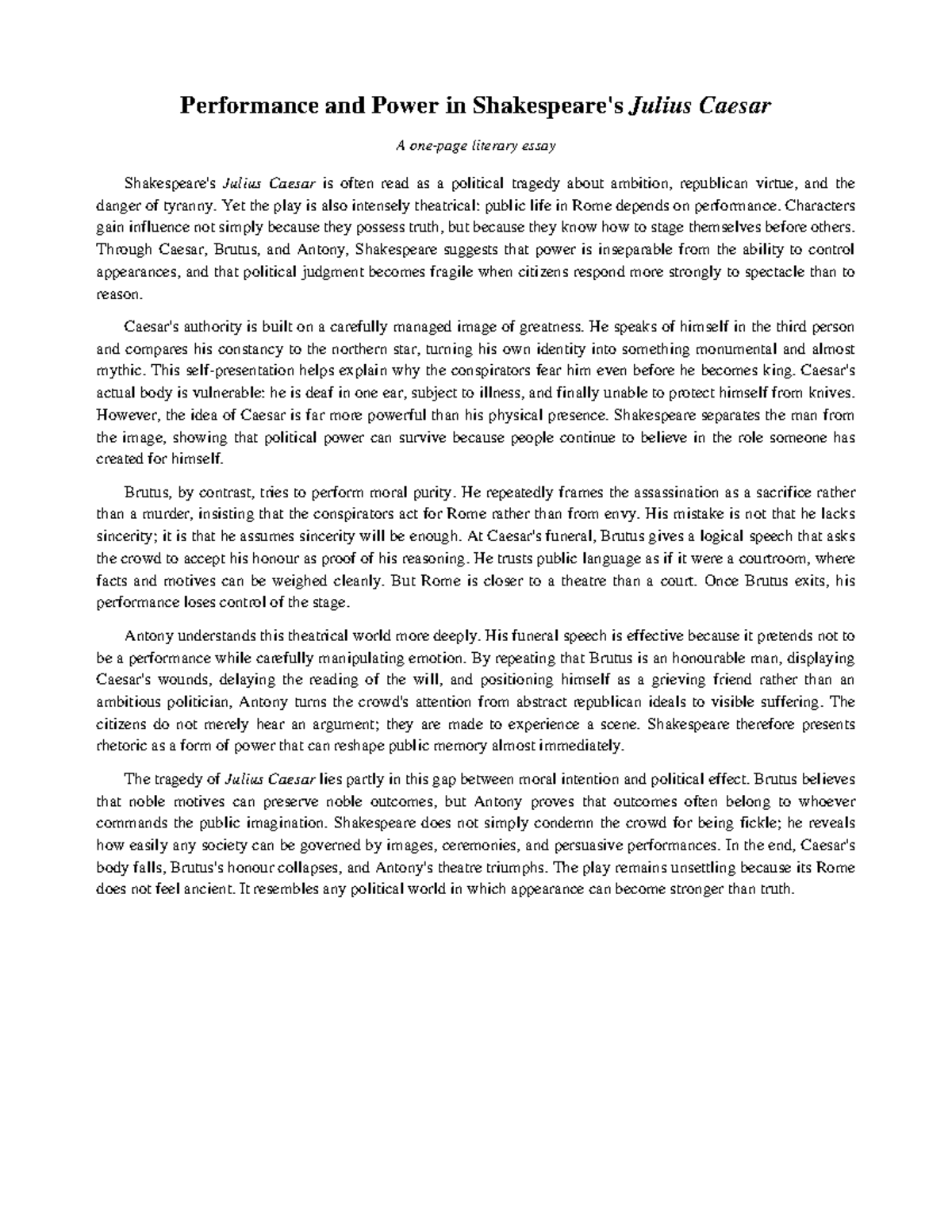 Shakespeare Essay 3: Power and Performance in Julius Caesar - Studocu