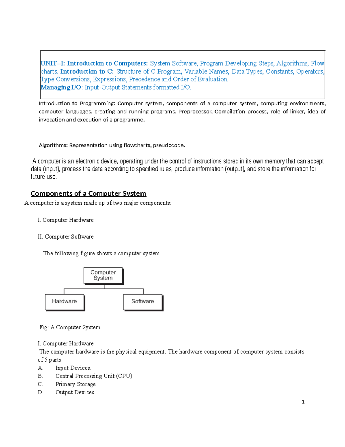 **C Programming UNIT-I QA: Introduction to Computers and Programming Basics** - Studocu