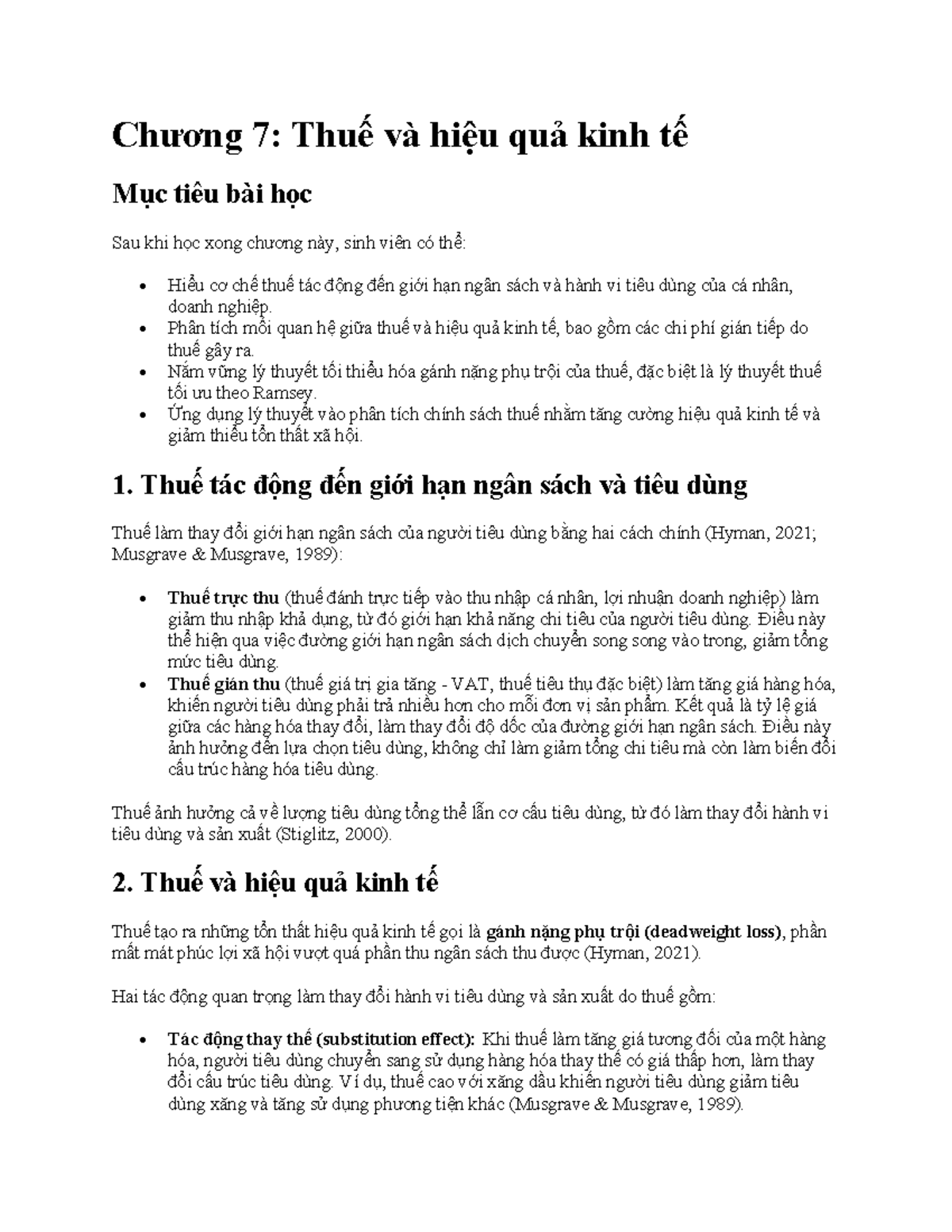 Chương 7 - Thuế và Hiệu Quả Kinh Tế - Ghi Chú Giảng Dạy - Studocu