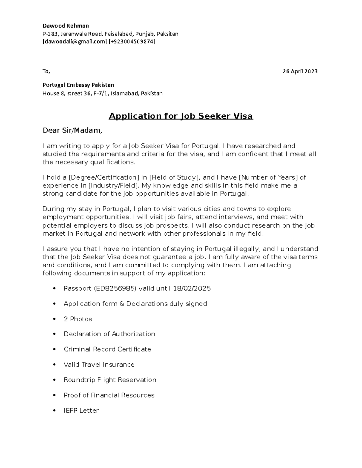 Portugal Job Seeker Visa Cover Letter Template - Job Application Guide ...