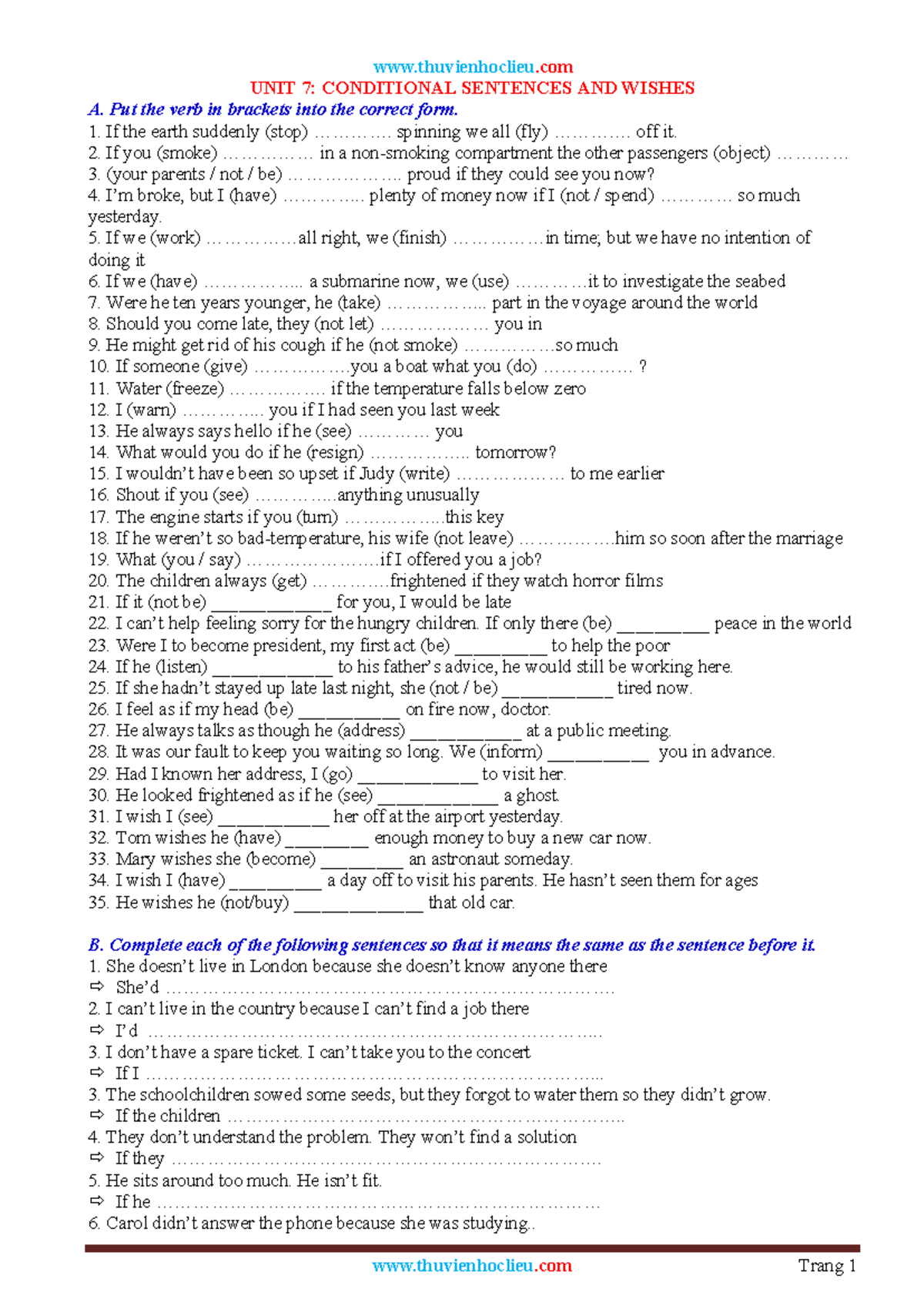 [TA9] Unit 7: Conditional Sentences and Wishes Exercises - Studocu