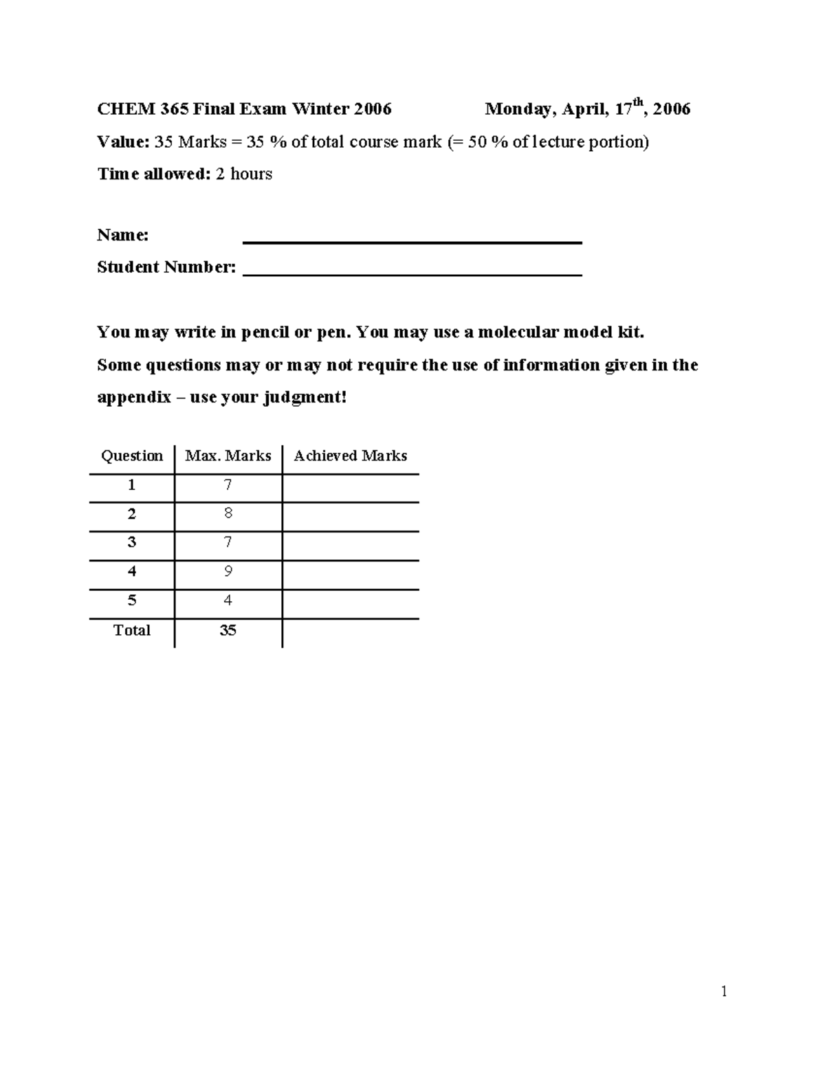 CHEM 365 Final Exam Review - Winter 2006 (35 Marks) - Studocu