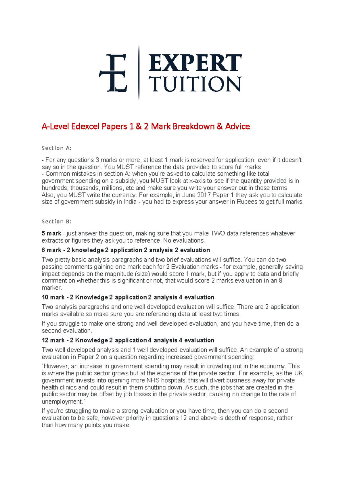 A Level Edexcel Papers 1 & 2 Mark Breakdown Guidance - Studocu