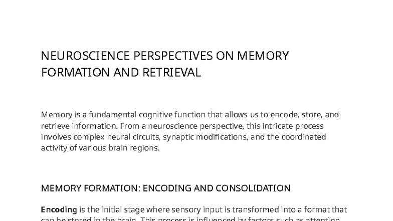 Memory Formation and Retrieval - NEUROSCIENCE PERSPECTIVES ON MEMORY ...