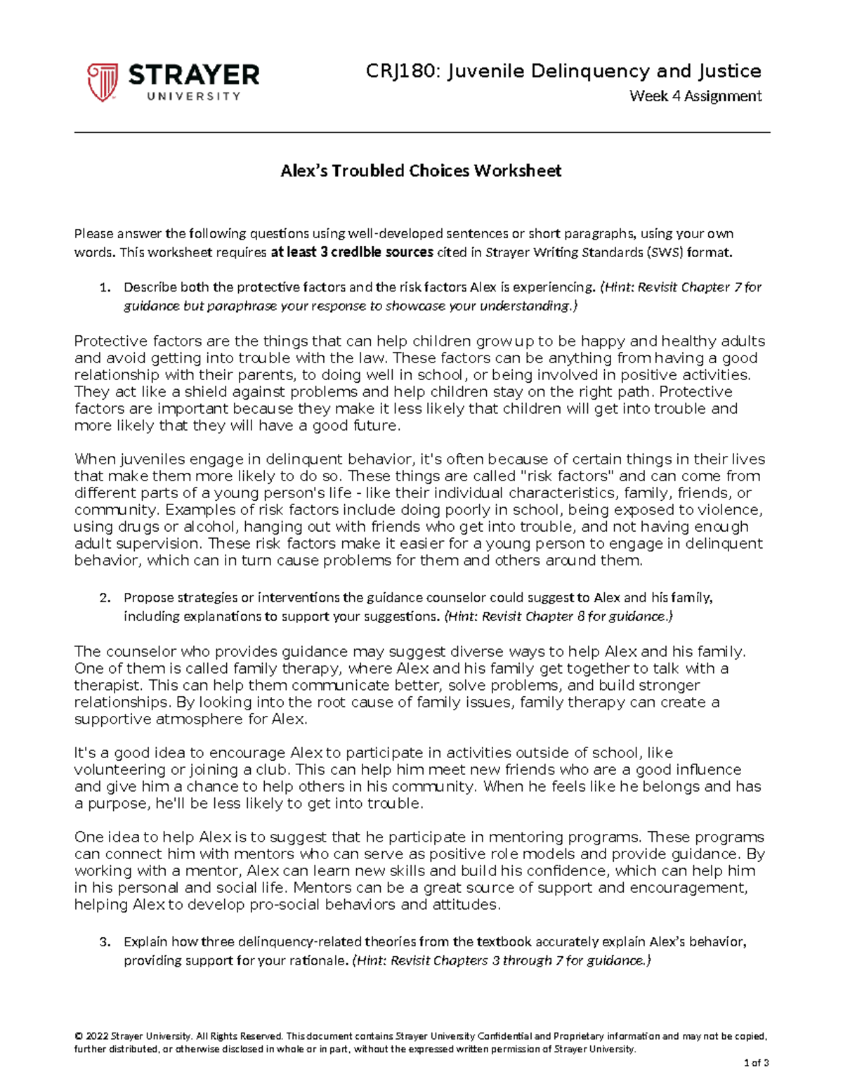 WK4 Assignment - Alex's Troubled Choices Worksheet - CRJ180: Juvenile ...
