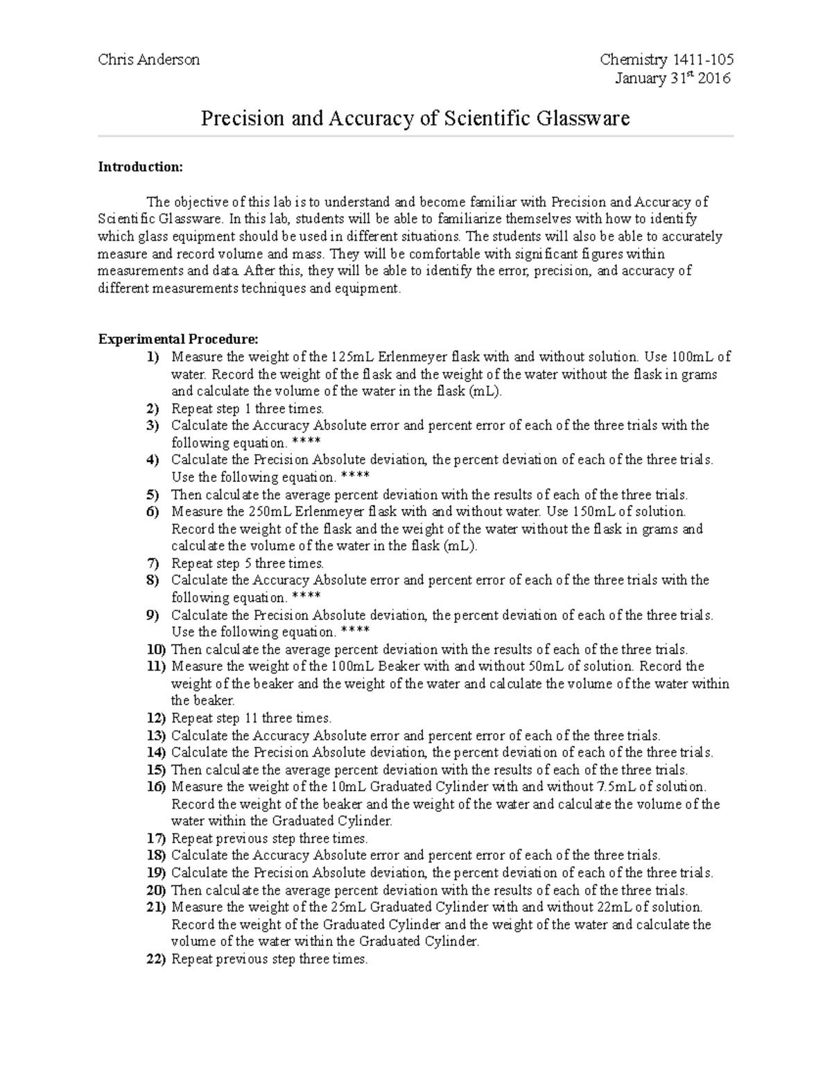 Chemistry 1411 - Pre-Lab 1: Precision & Accuracy of Glassware - Studocu