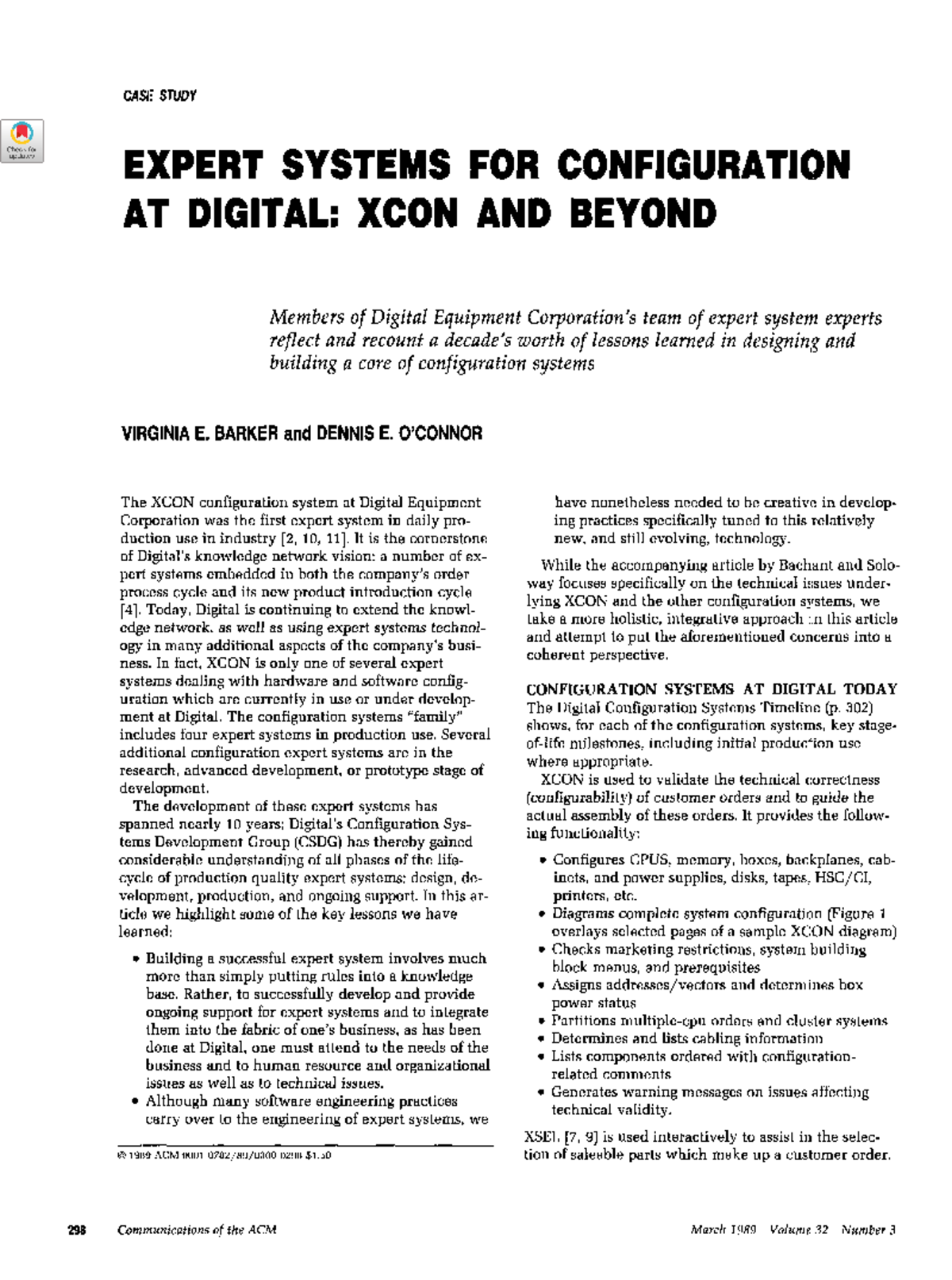 XCON Research Paper: Expert Systems in Configuration at Digital - Studocu