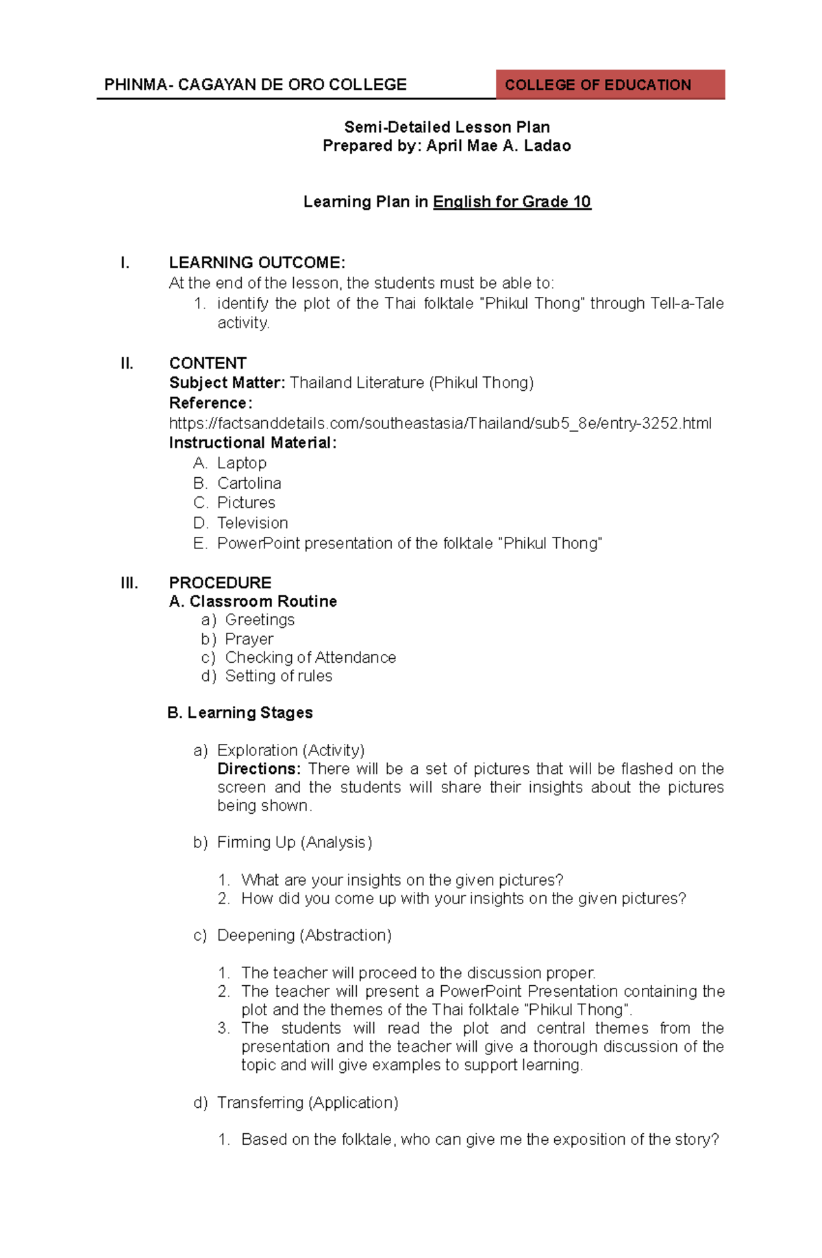 ENG 159 - Lesson Plan for Thai Folktale "Phikul Thong" - Studocu