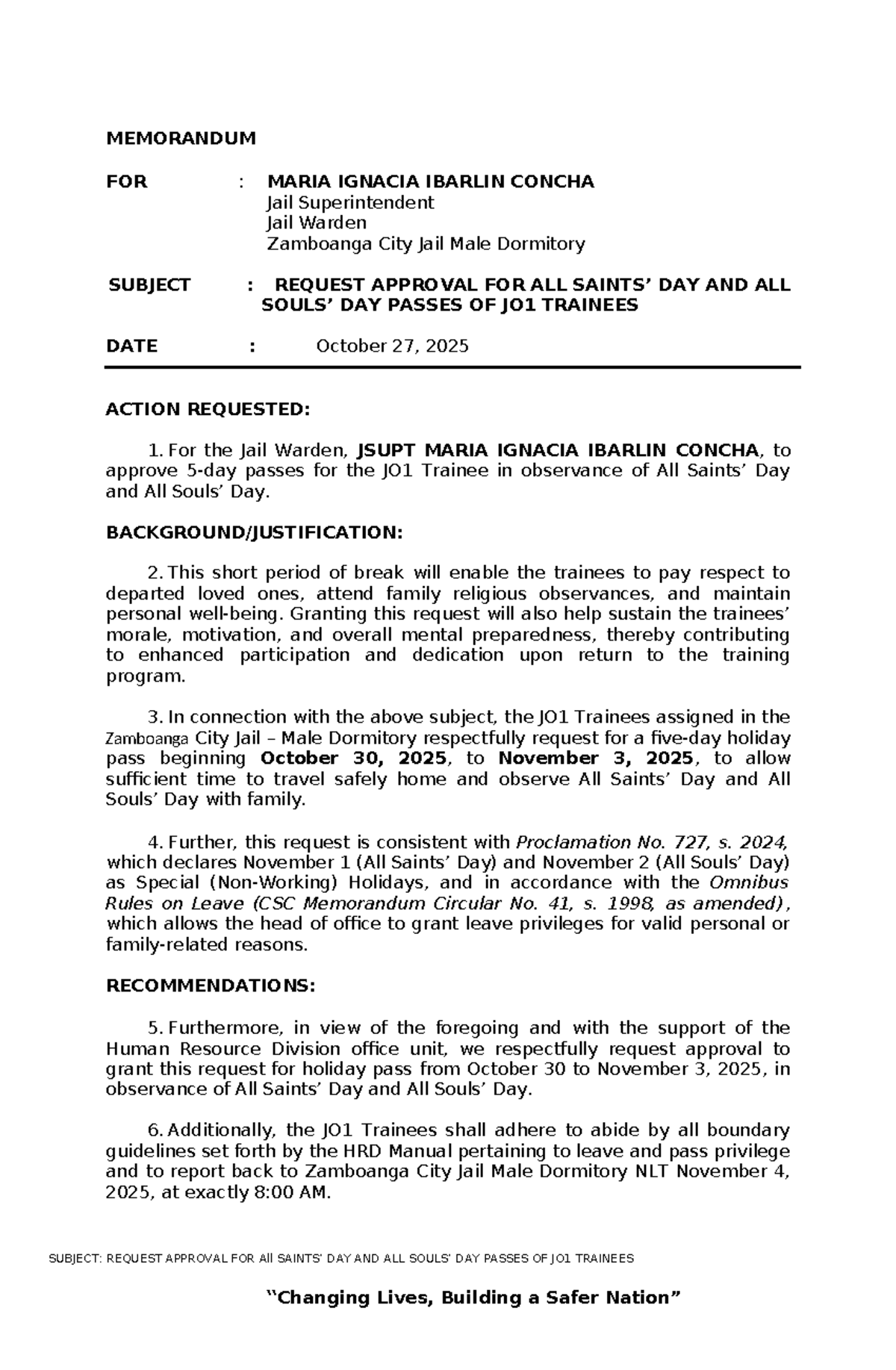 ZC MEMO MD: Request for Holiday Passes for JO1 Trainees (Oct 30 - Nov 3 ...