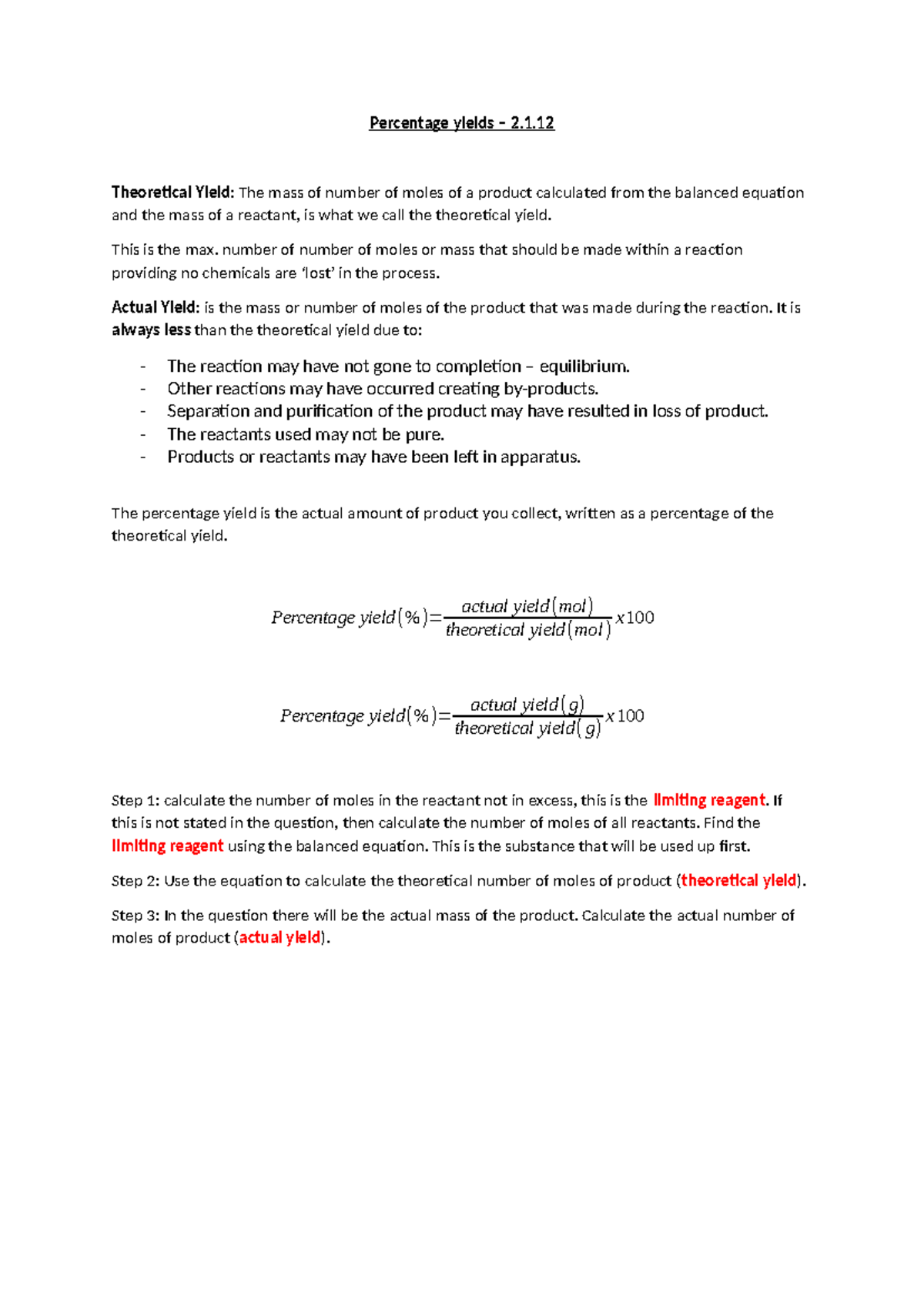 2.1.12 Understanding Percentage Yields: Theoretical vs Actual - Studocu