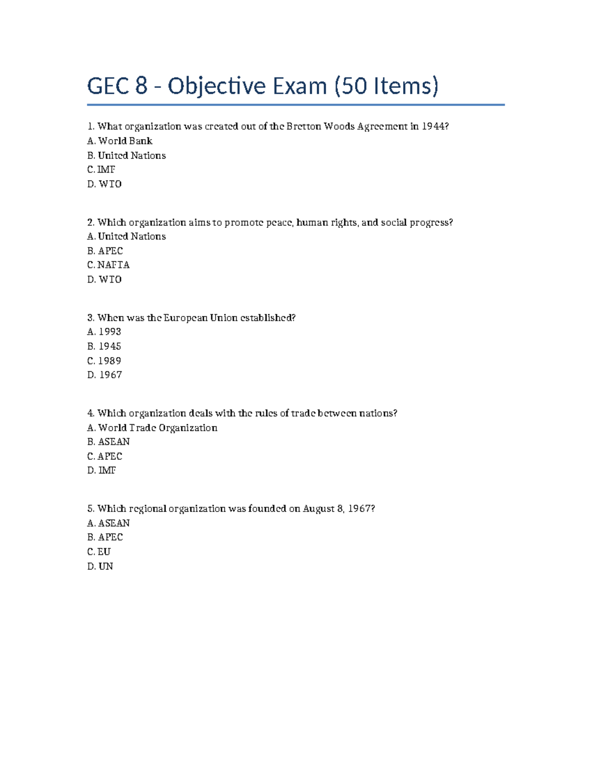 GEC8 Objective Exam - Practice exam. - GEC 8 - Objective Exam (50 Items ...