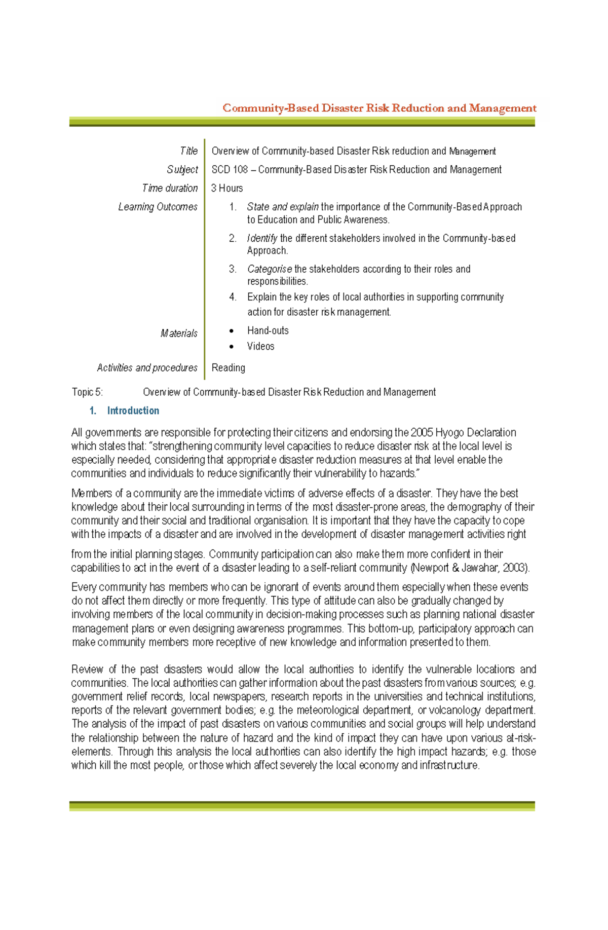 SCD 108 Final Exam: Community-Based Disaster Risk Management Overview - Studocu