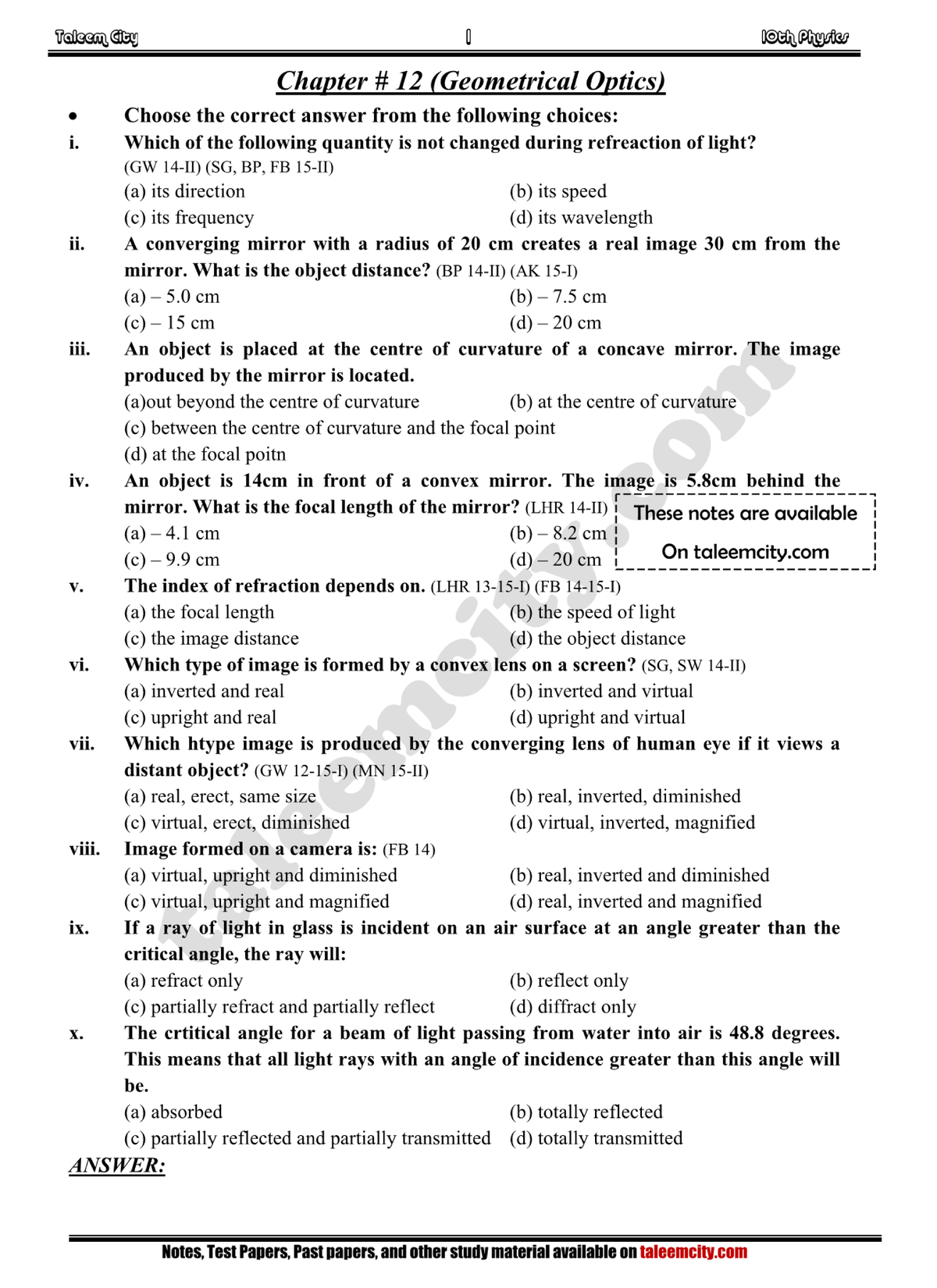 Taleem City I Physics Chapter 12: Geometrical Optics Quiz and Review ...