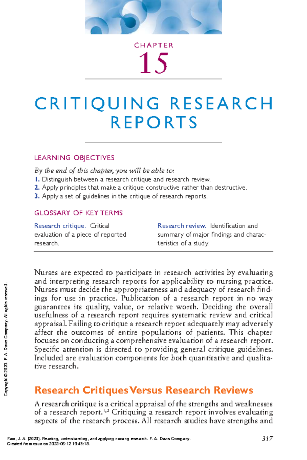 CHAPTER 15: CRITIQUING RESEARCH REPORTS IN NURSING PRACTICE - Studocu
