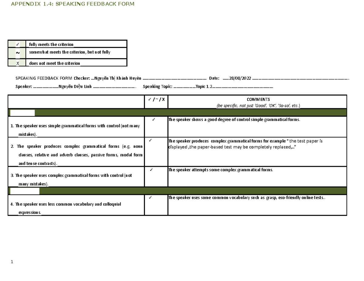 3A CLC Speaking Feedback FORM - fully meets the criterion ~ somewhat ...