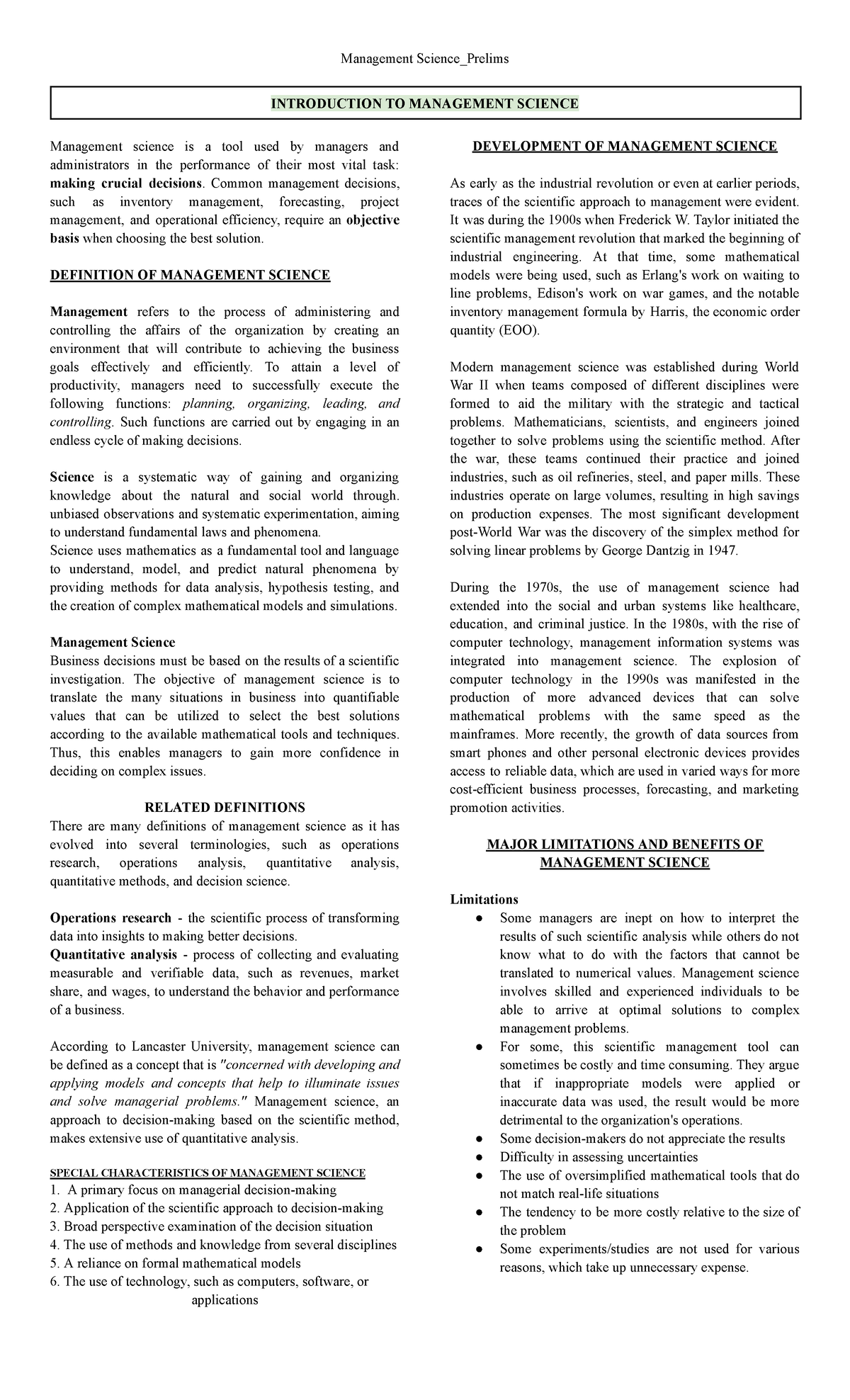 Management Science Prelims: Key Concepts and Applications - Studocu