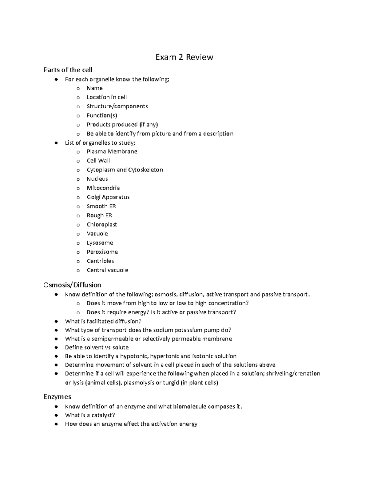 Exam 2 Review: Cell Organelles, Transport, and Enzymes - Studocu