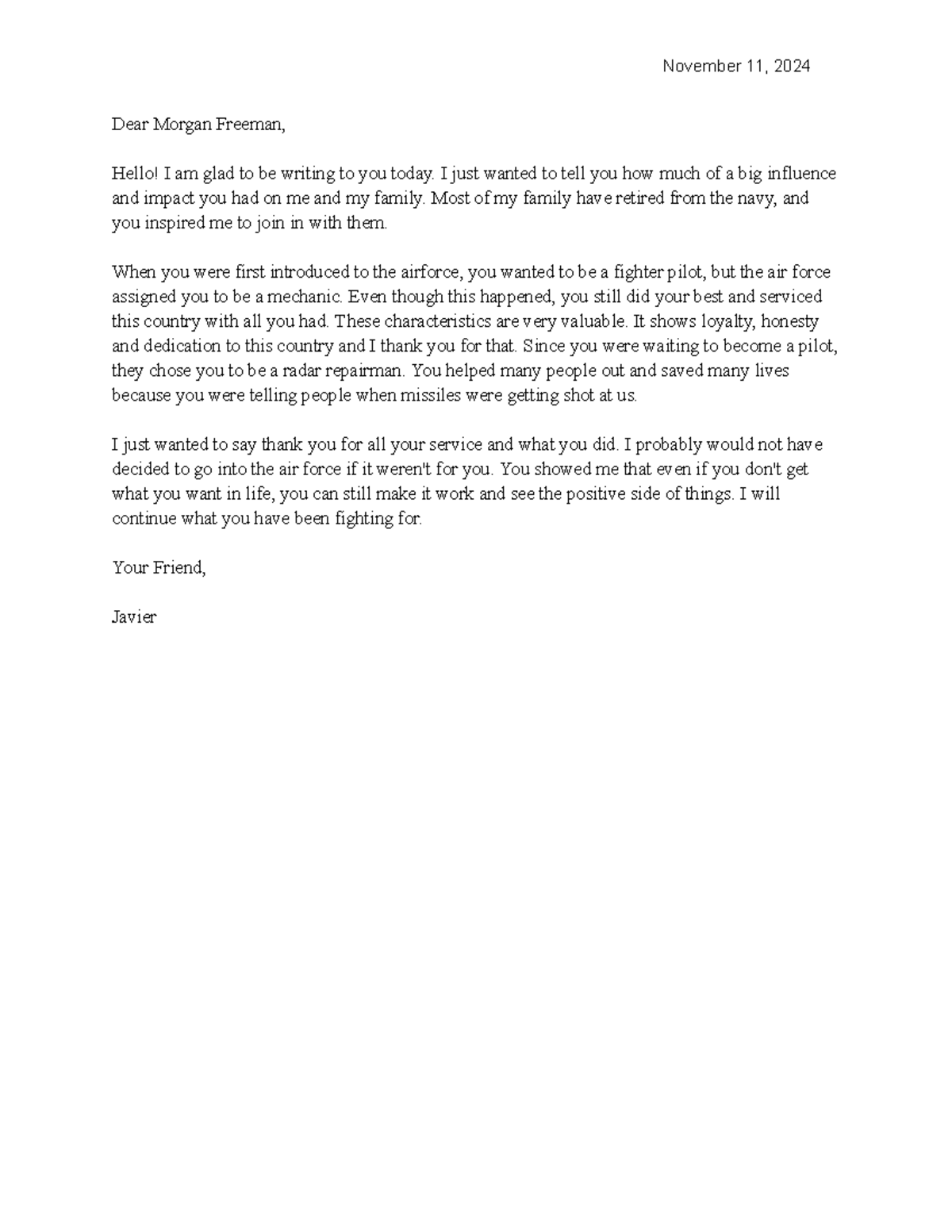 Entreprenurship - good - November 11, 2024 Dear Morgan Freeman, Hello ...