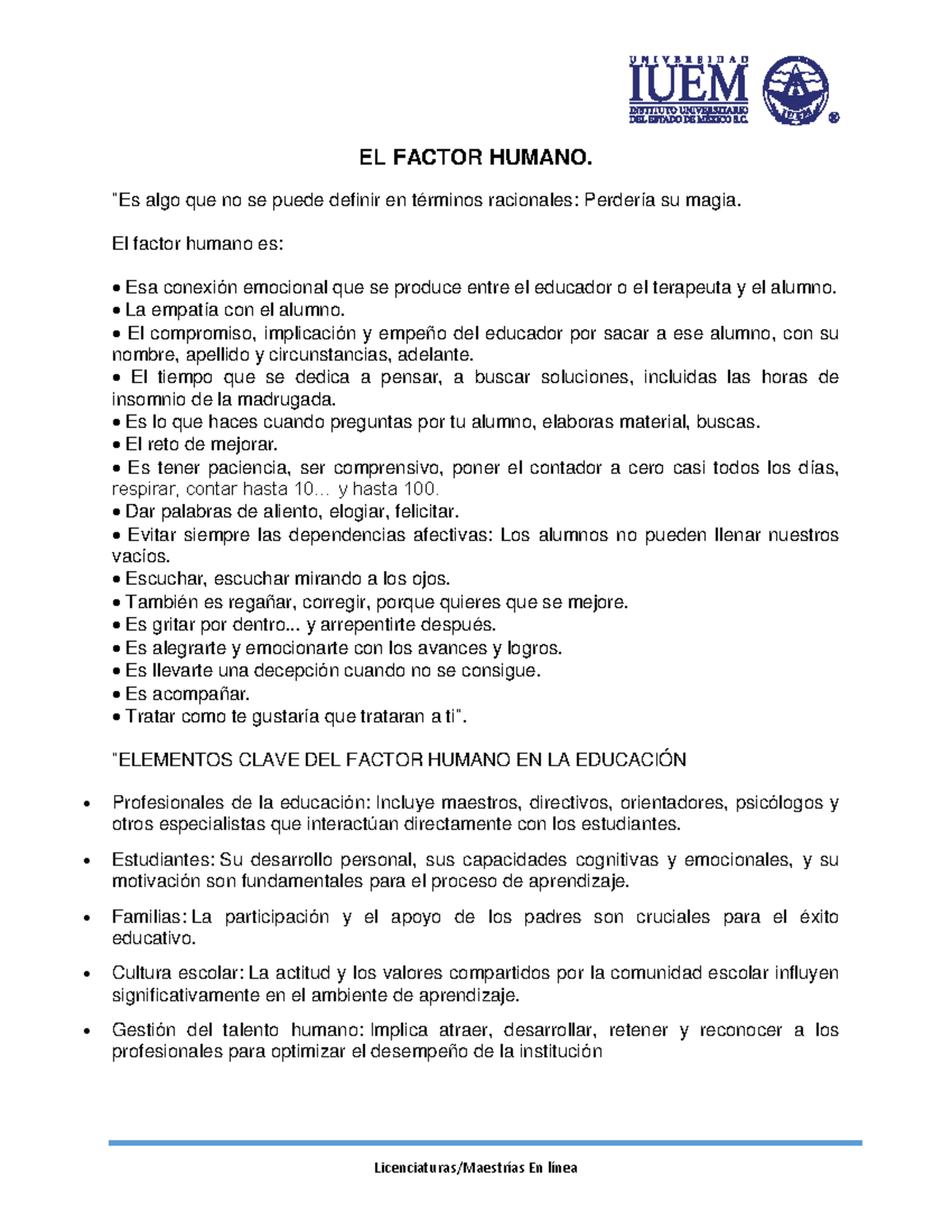 El Factor Humano en la Educación: Conexiones y Motivación - Studocu