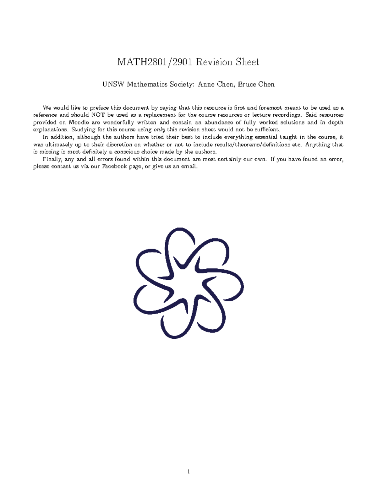 MATH2801 2901 Revision Sheet 3 - MATH2801/2901 Revision Sheet UNSW ...