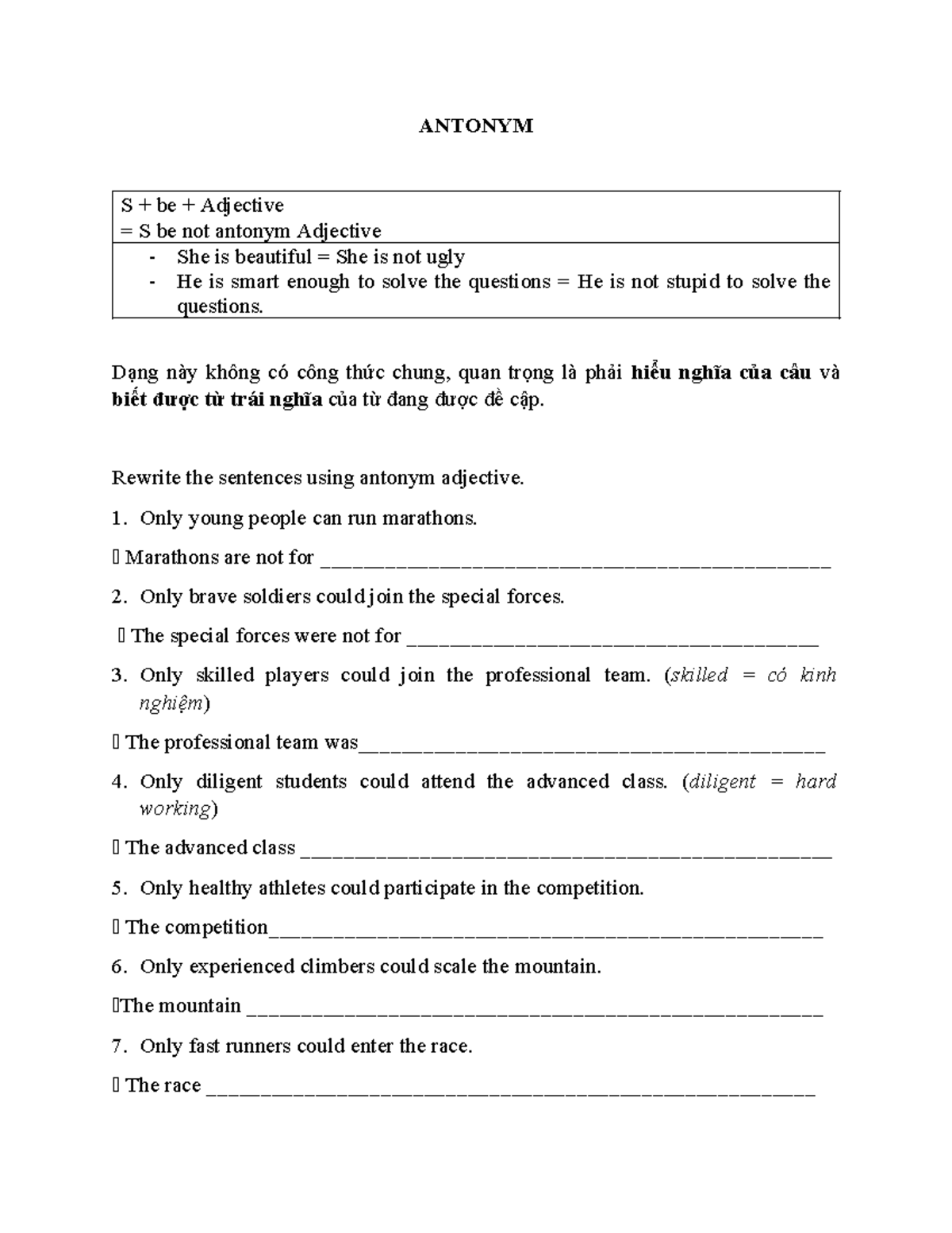 Antonym Adjectives Exercise: Transforming Sentences - Studocu