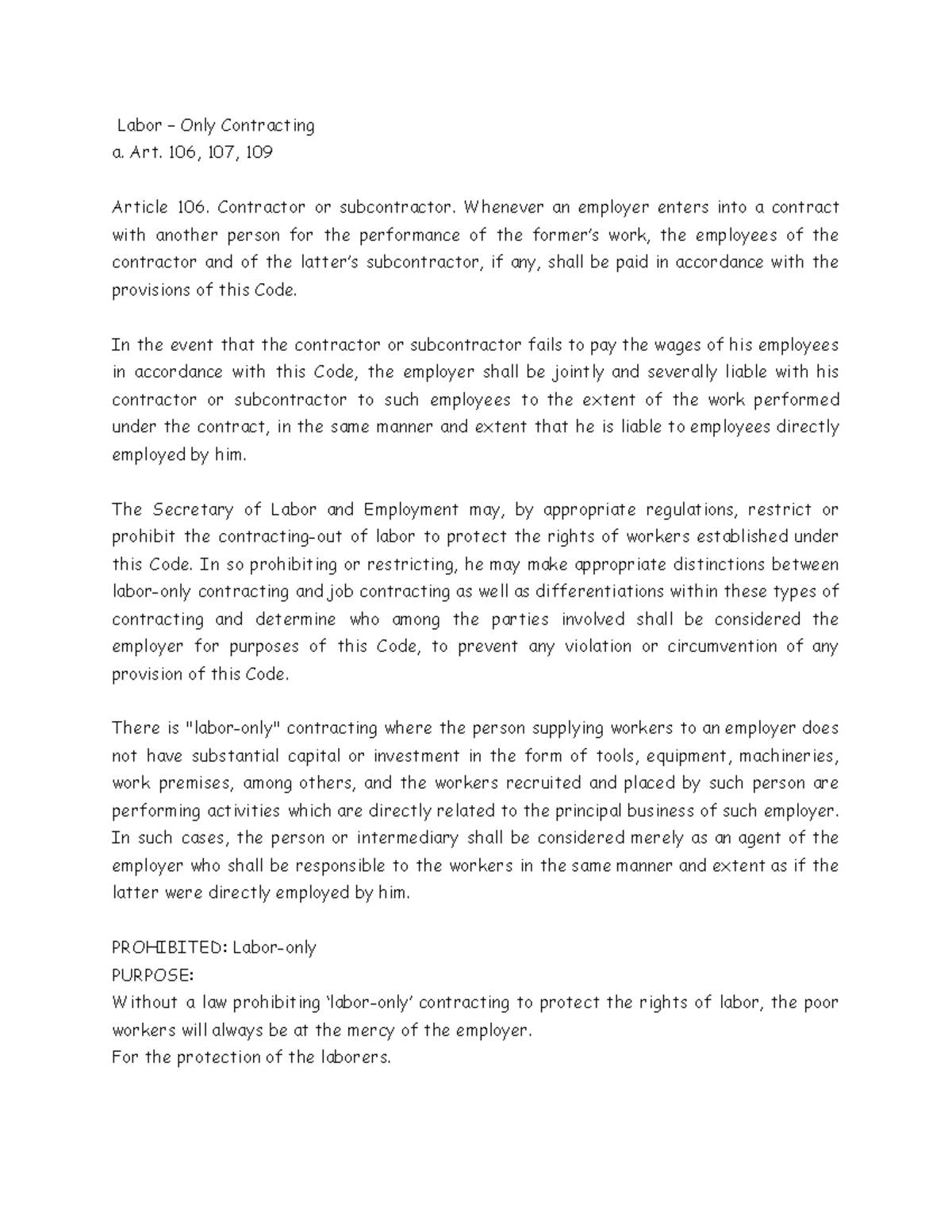 Labor – Only Contracting - Labor – Only Contracting a. Art. 106, 107 ...