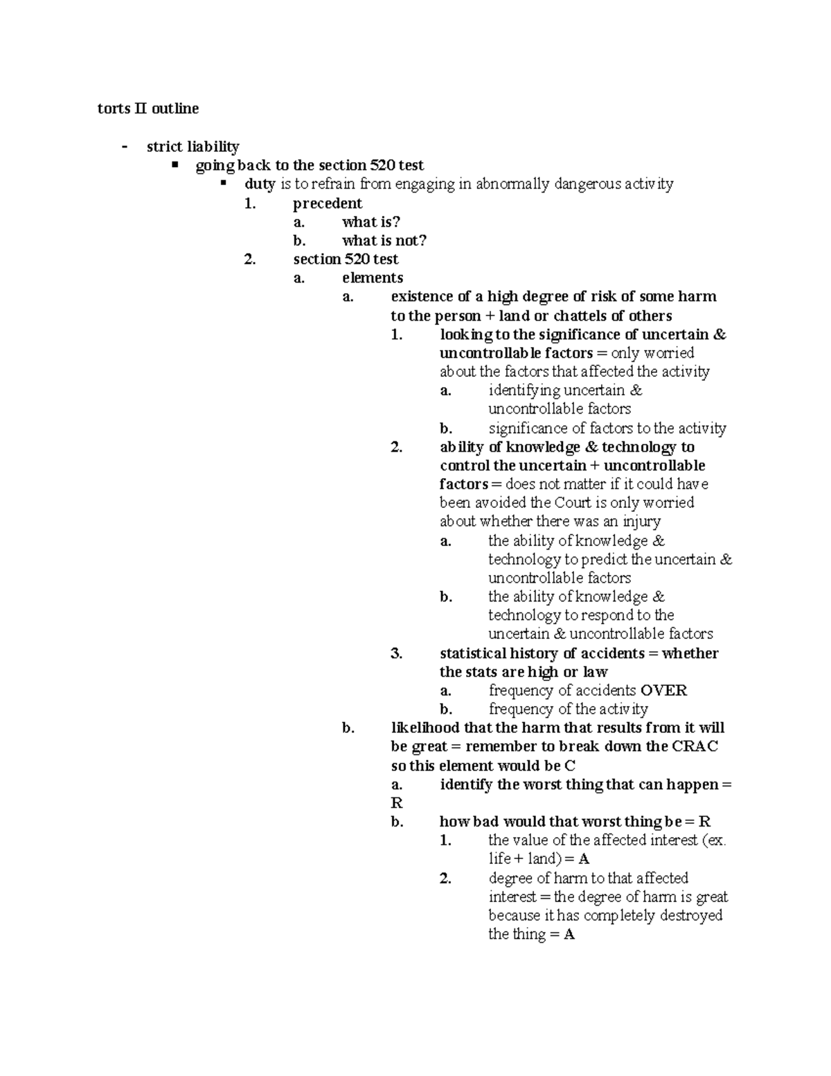 Torts II Outline: Strict Liability and Negligence Concepts - Studocu