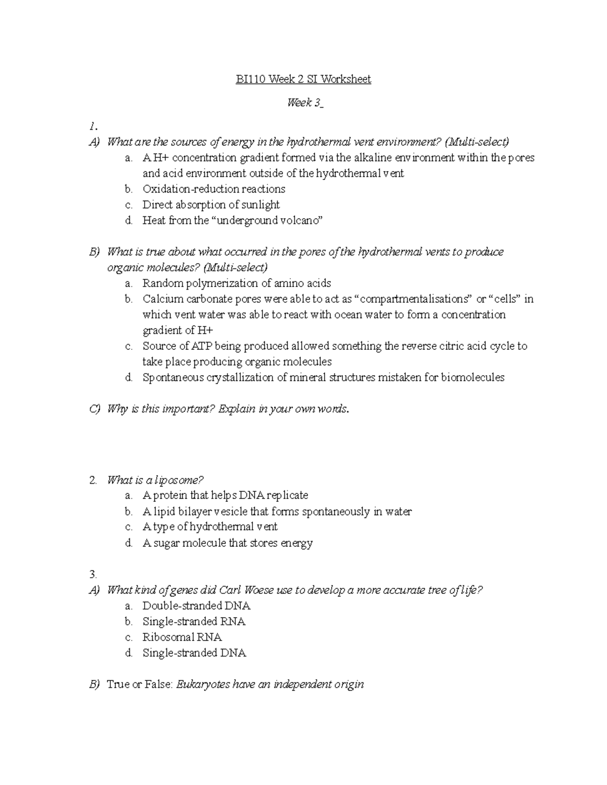 BI110 Week 2 SI Worksheet: Hydrothermal Vents & Life Origins - Studocu