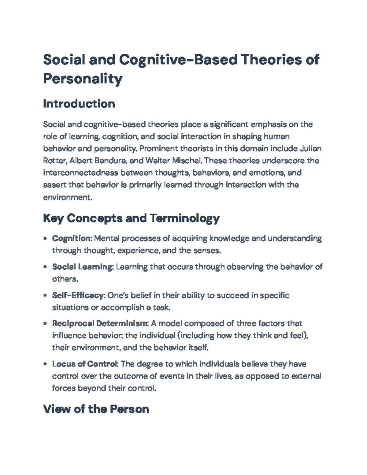 Social and Cognitive Theories of Personality: An Overview for PSY101 ...